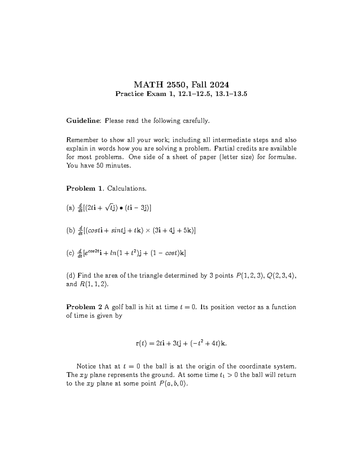 Practice Midterm 1 - Practice Exam 1, 12–12, 13–13 2550, Fall 2024 ...