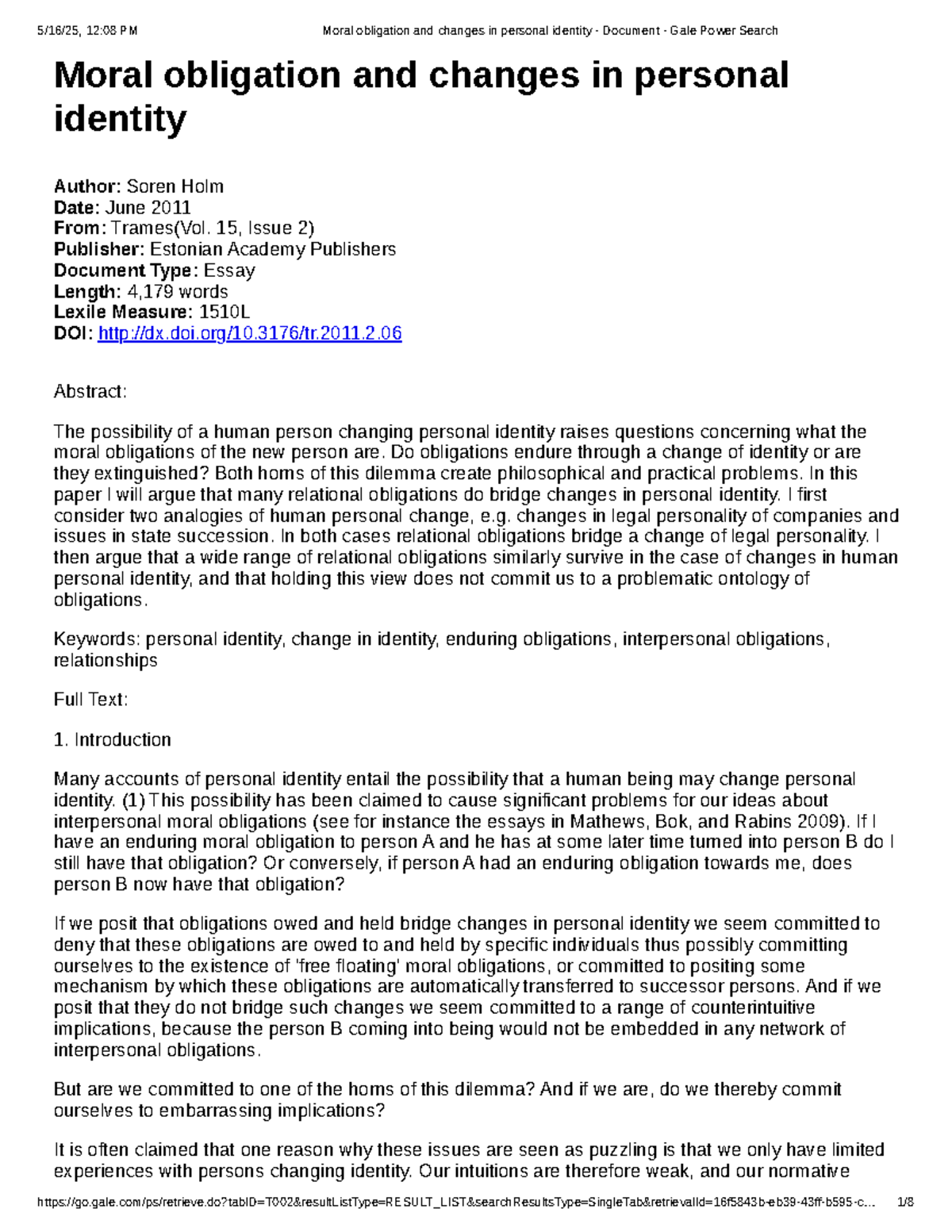 Moral Obligation and Personal Identity Changes: An Essay (PHIL 101 ...