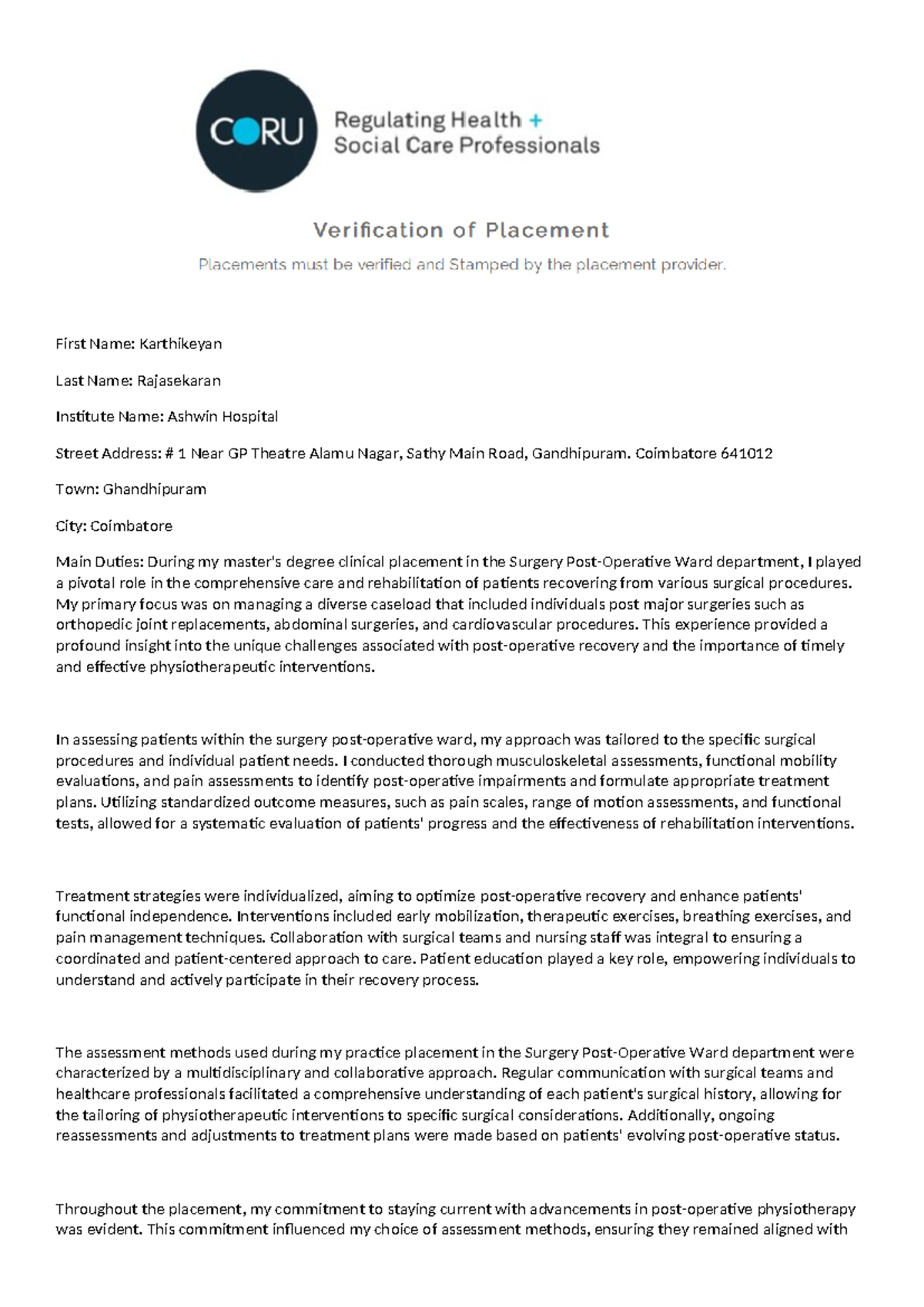 CORU Placement Verification Form 6: Physiotherapy in Post-Op Care - Studocu
