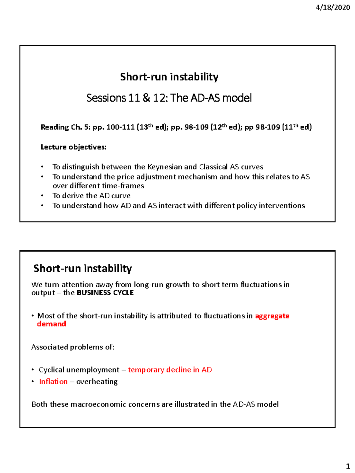 Short-Run Instability in the AD-AS Model (Econ 101: Lecture Notes ...