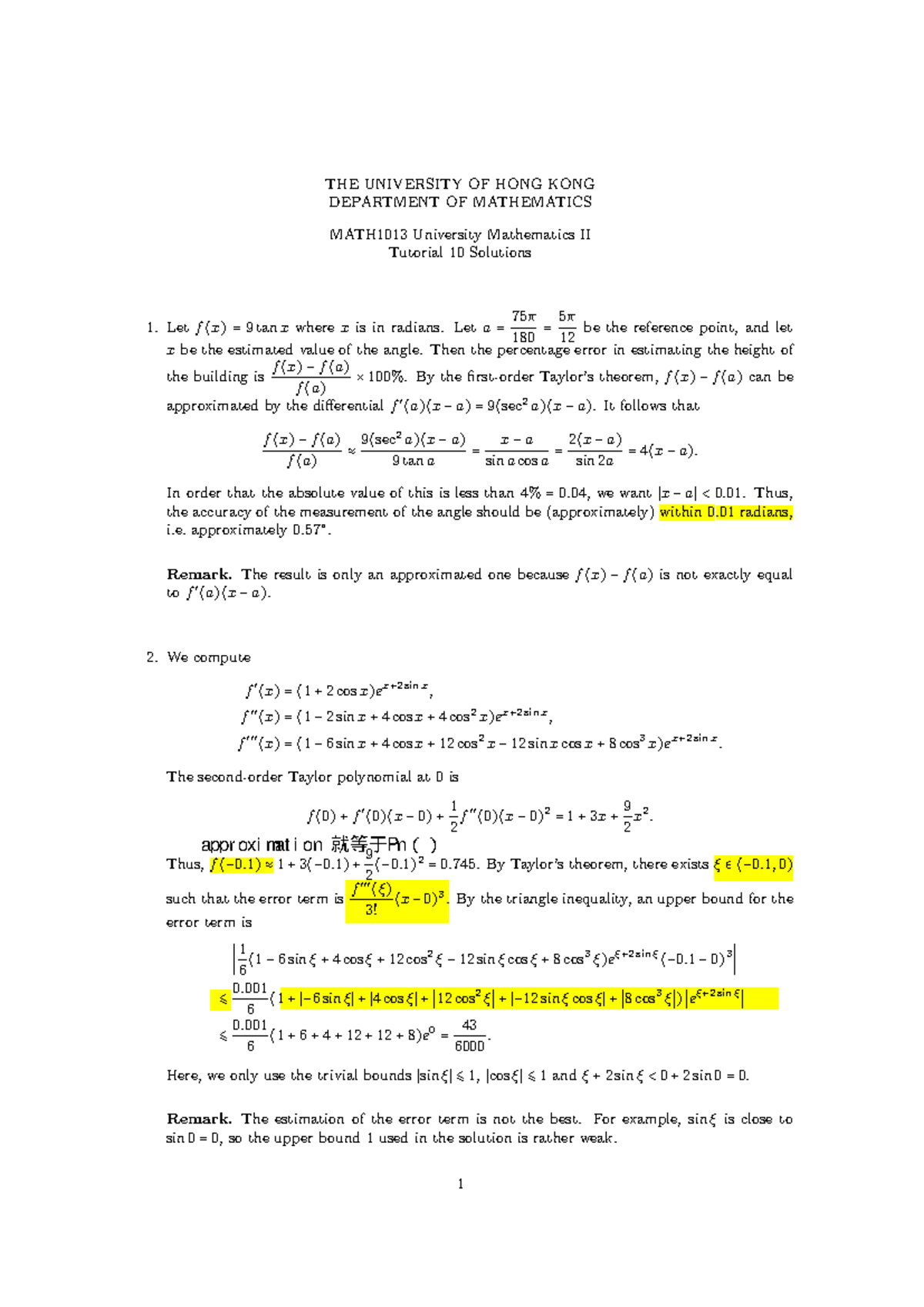 MATH1013 University Mathematics II Tutorial 10 Solutions and Errors ...