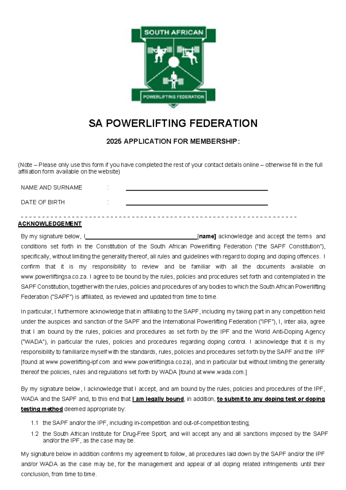 2025 SAPF Membership Application Form for Powerlifting - Studocu