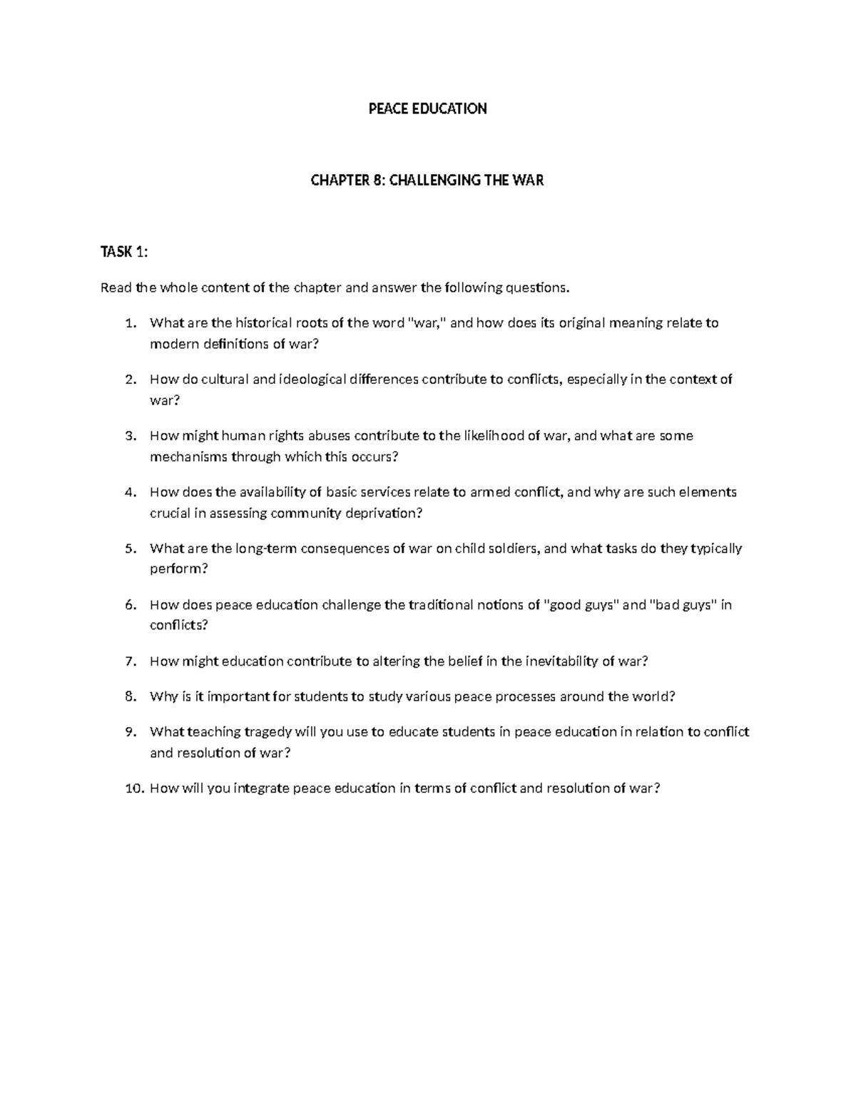 PEACE EDUCATION CHAPTER 8: EXPLORING WAR AND CONFLICT RESOLUTION - Studocu
