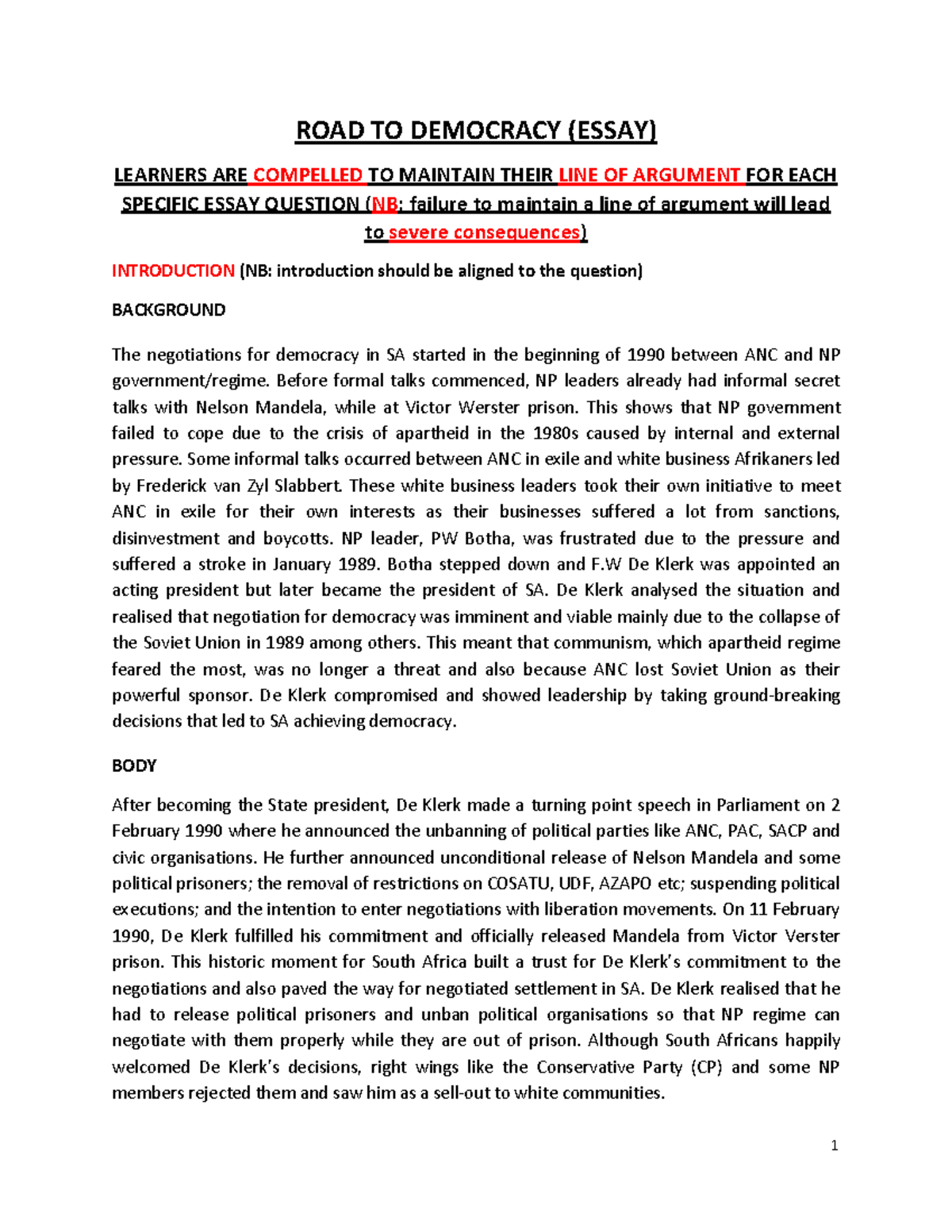 ROAD TO DEMOCRACY (ESSAY) PREPARATION FOR EXAM - Studocu