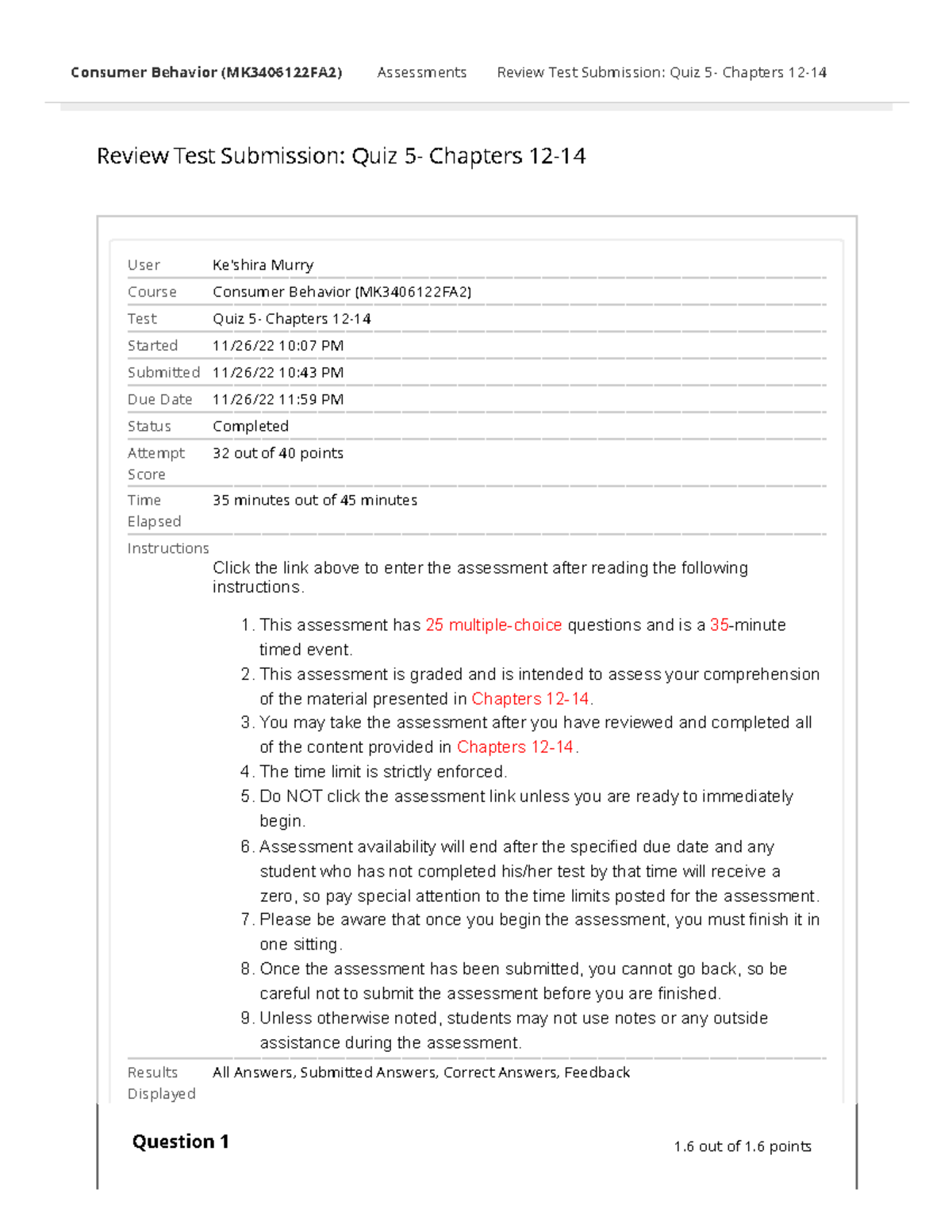 MK340-61 Quiz 5- Chapters 12-14 - Consumer Behavior (MK3406122FA2 ...