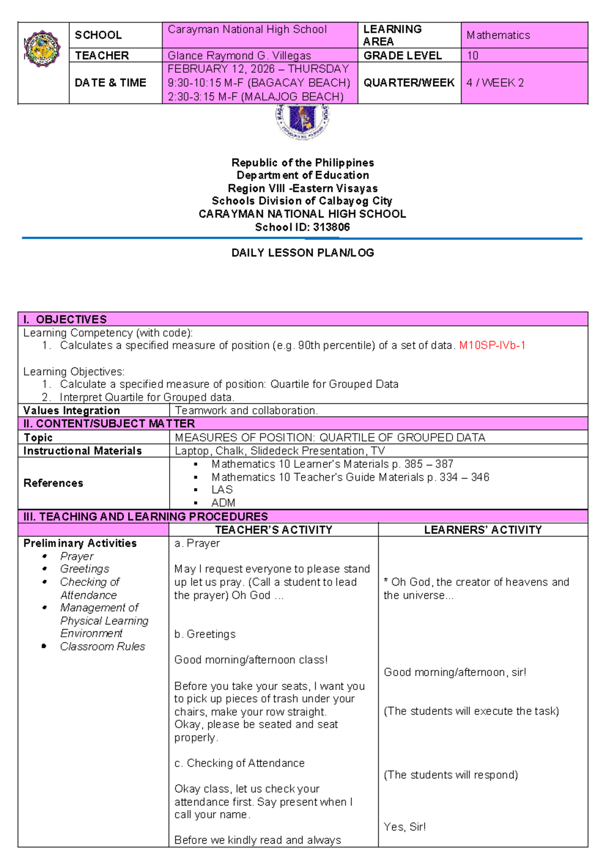 Mathematics 10 Lesson Plan: Quartiles & Measures of Position (Q4 W1 D11 ...