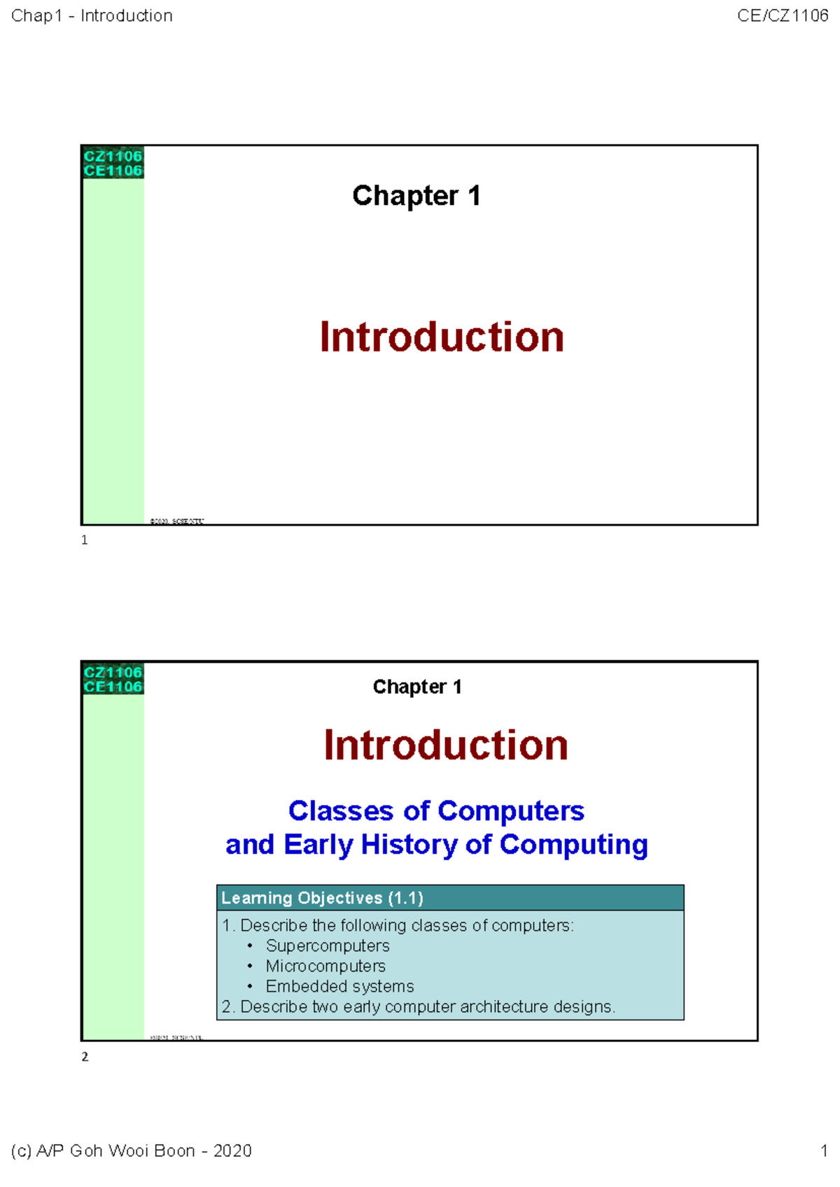 CS101 Chapter 1: Introduction to Computer Classes and Architecture ...