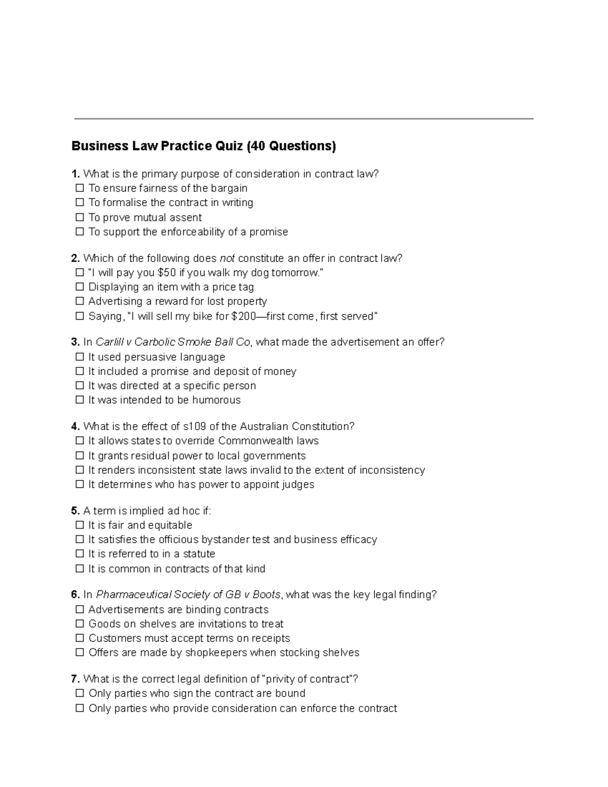 Business Law Quiz (BL101) - 40 Practice Questions - Studocu