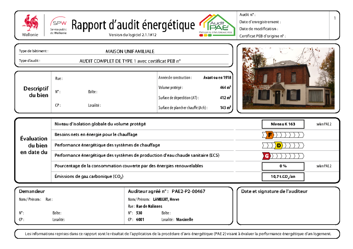 Rapport d'Audit Énergétique - Exemple Maison Unifamiliale PAE2 - Studocu