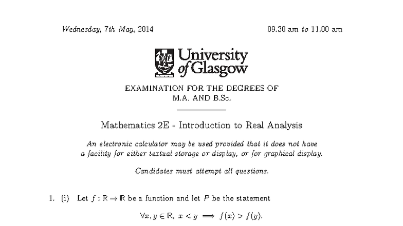 Moodle M.A. & B.Sc. Maths 2E - Real Analysis Exam Paper 2014 - Studocu
