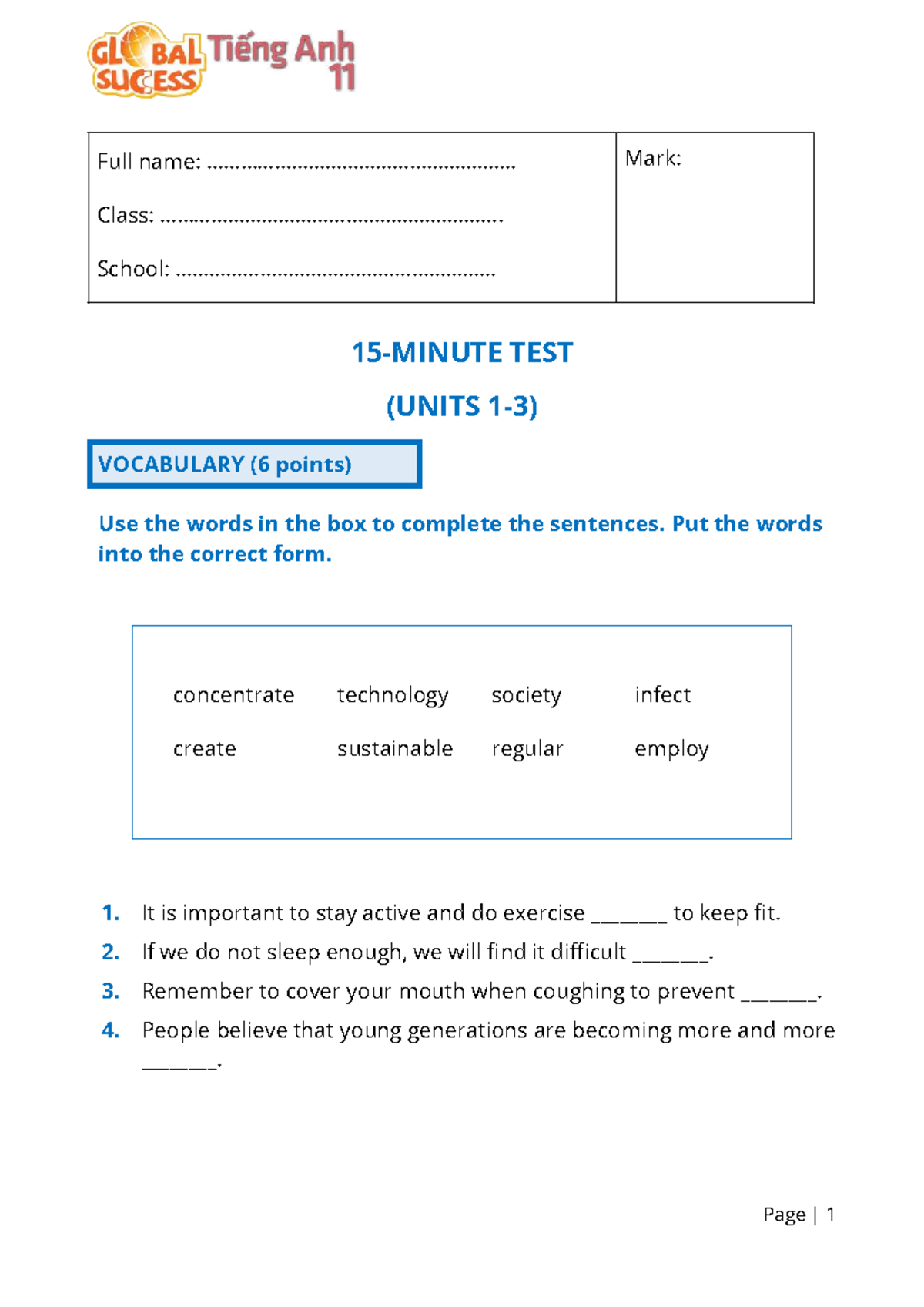 15-Minute Test 1 (Units 1-3) Vocabulary & Grammar Review - Studocu