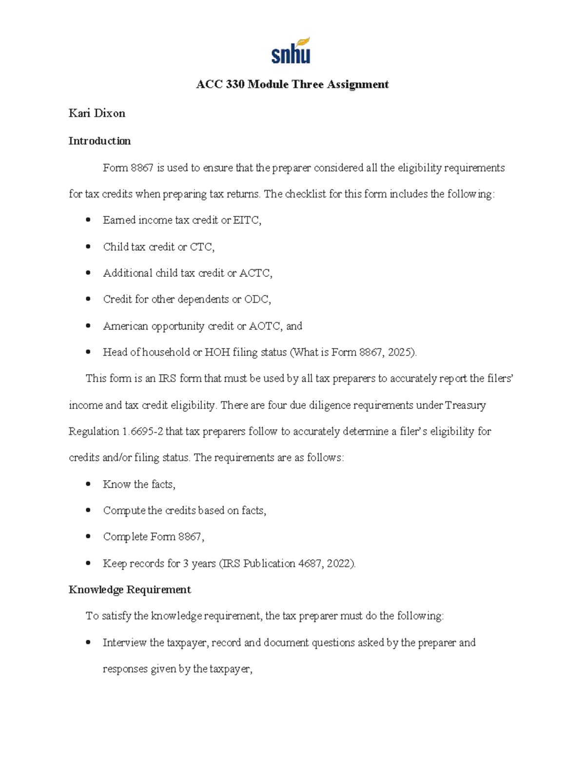 ACC 330 Module 3 Assignment: Understanding Form 8867 and Tax Credits ...
