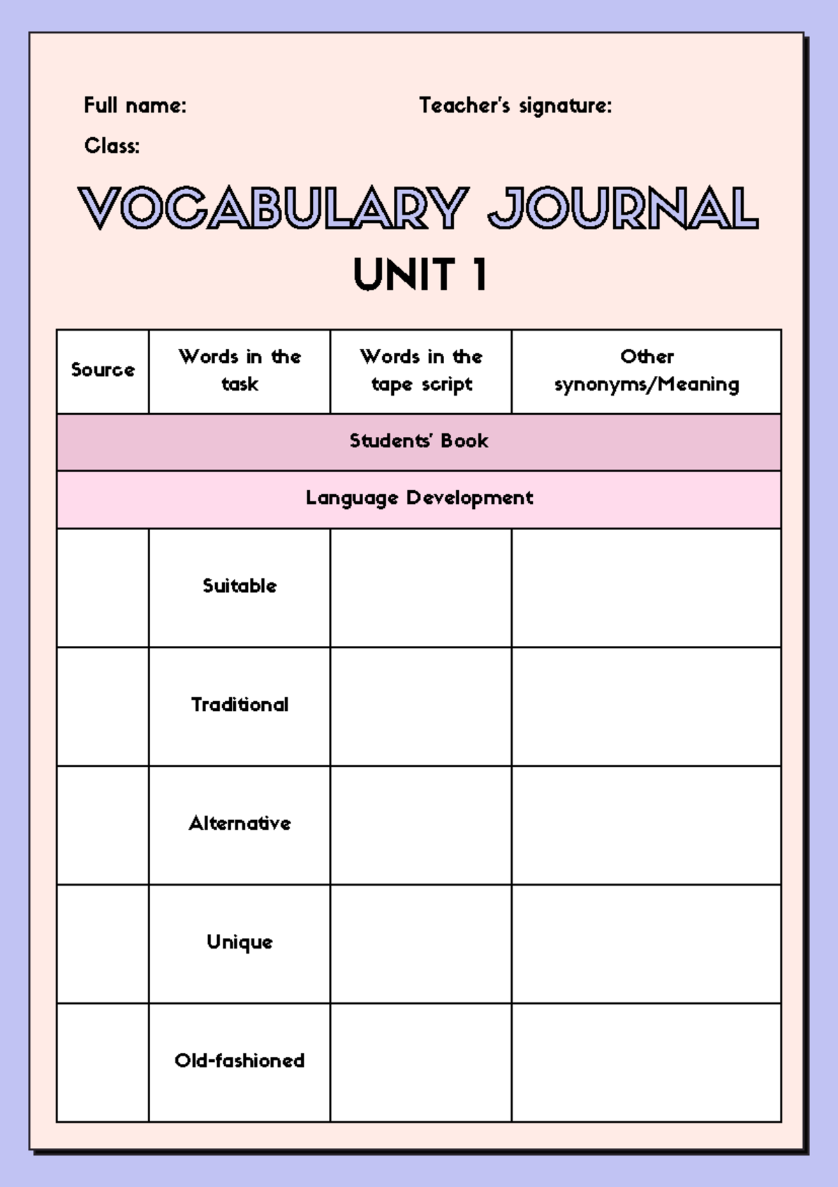 Vocabulary Building Worksheet: Developing Language Skills for Unit 1 ...