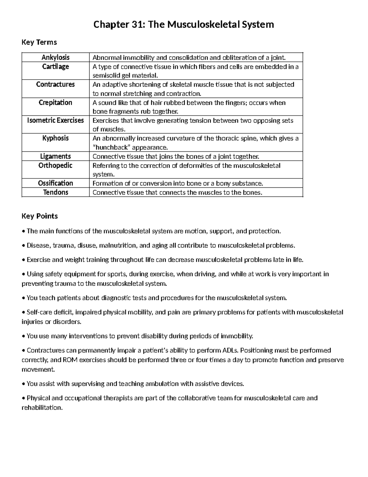 NUR 209 Exam 4 Musculoskeletal Notes - Chapter 31: The Musculoskeletal ...
