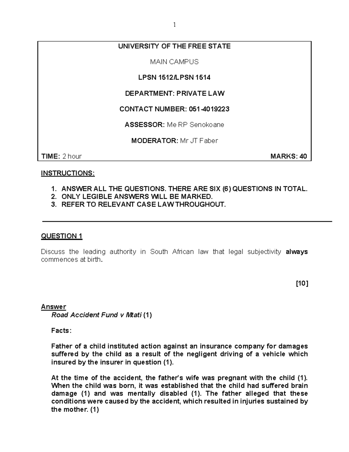 LPSN 1514 Final Exam Memo: Legal Subjectivity & Law of Persons - Studocu