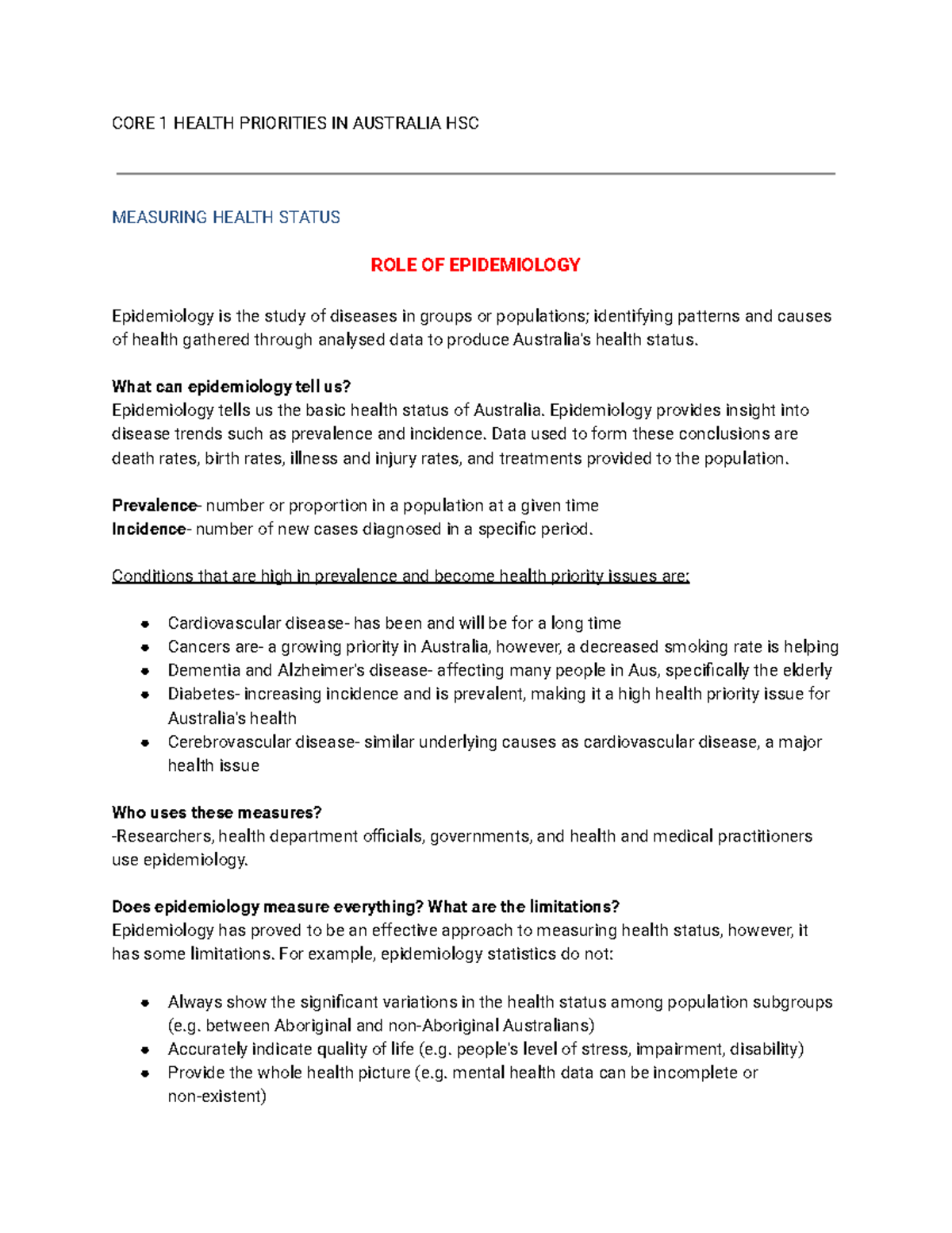 CORE 1 HSC Final Exam Notes: Epidemiology & Health Priorities in ...