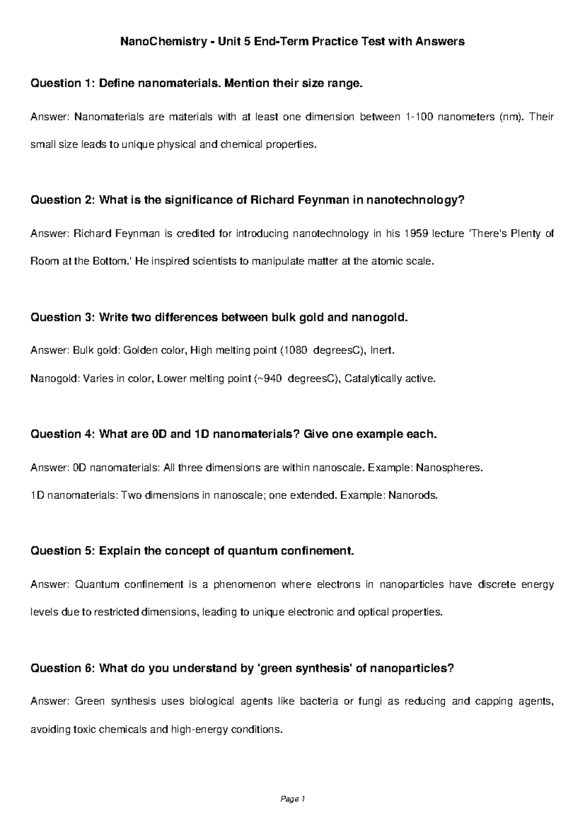 NanoChemistry Unit 5 Practice Test & Answers - Studocu