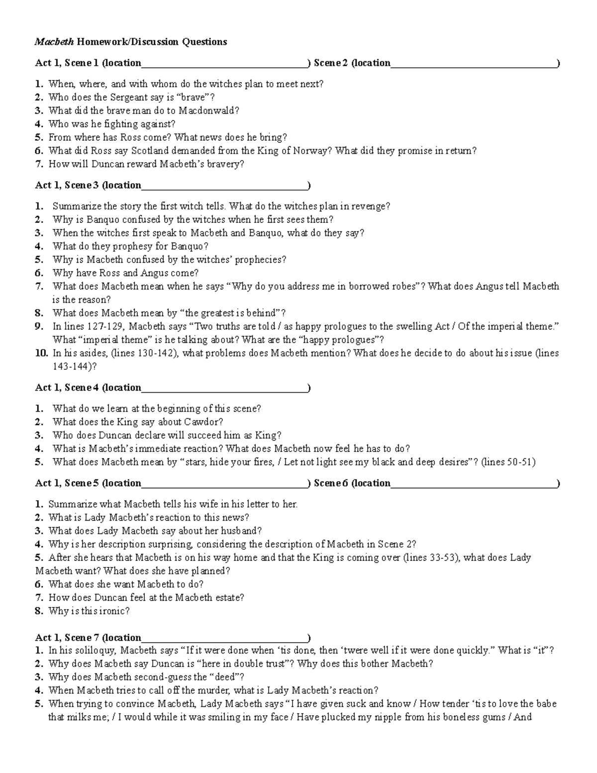 Macbeth Questions - Macbeth Homework/Discussion Questions Act 1, Scene ...