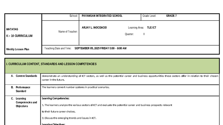 Weekly Lesson Plan for G7 TLE ICT I - September 5, 2025 - Studocu