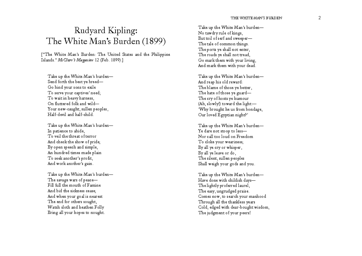 Kipling's "The White Man's Burden" Analysis and Insights - Studocu