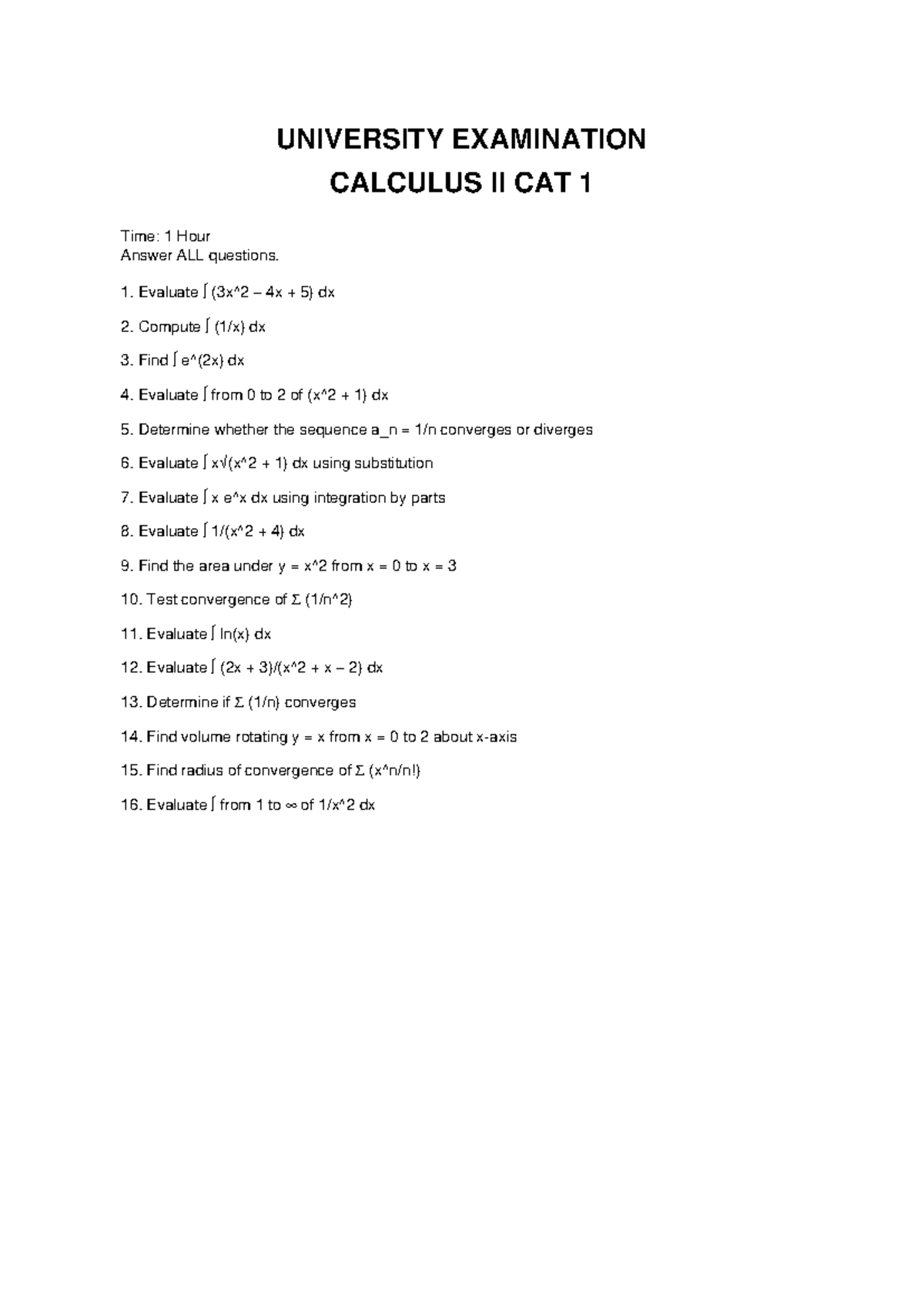 Calculus II CAT 1 Exam Review: Key Concepts and Solutions - Studocu