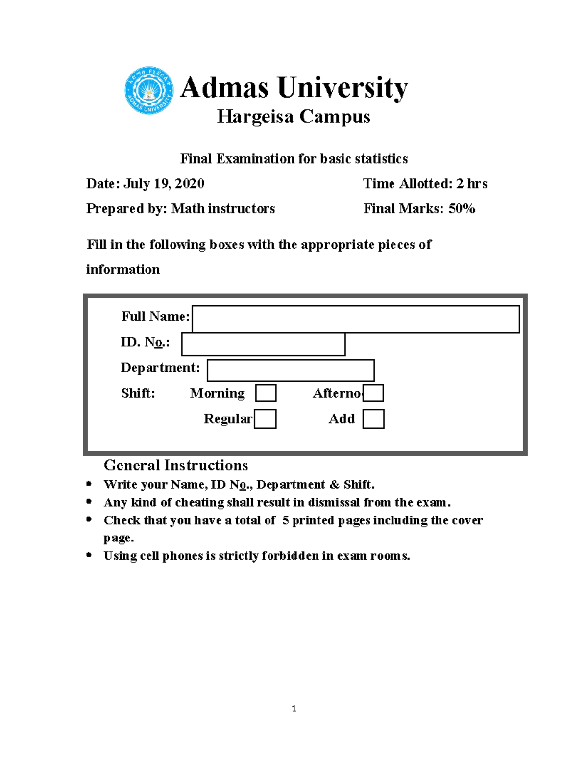 Admas University BSAIC STAT - Final Exam Questions & Instructions - Studocu