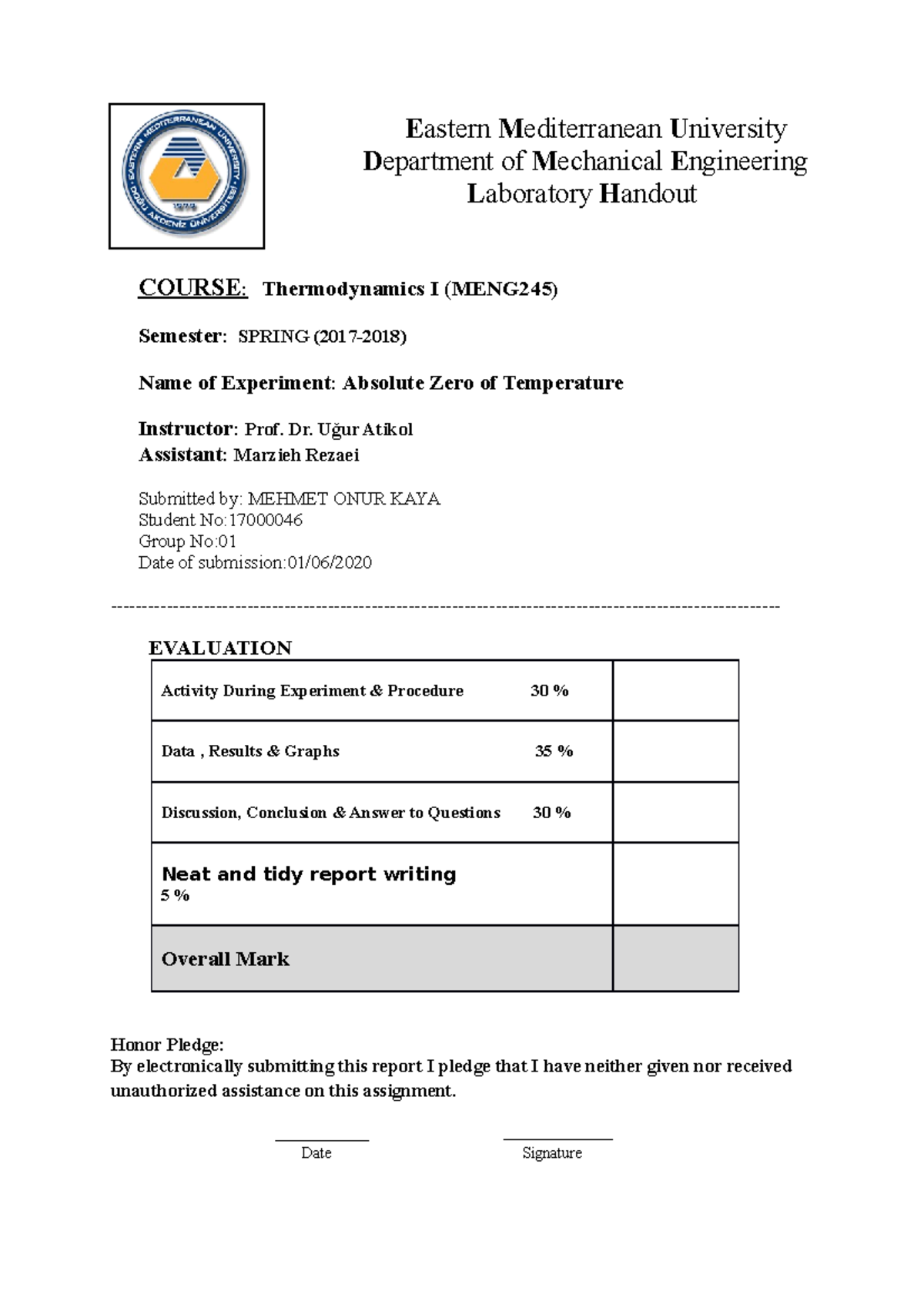 Thermodynamics Lab Experiment I: Absolute Zero (MENG245) Report - Studocu