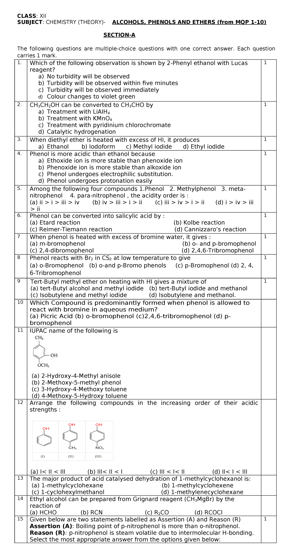 Title: CLASS: XII CHEMISTRY Alcohols, Phenols & Ethers Quiz (MQP 1-10 ...