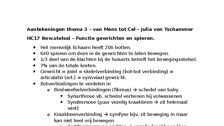 Aantekeningen HC17: Functie van Gewrichten en Spieren in het Menselijk ...
