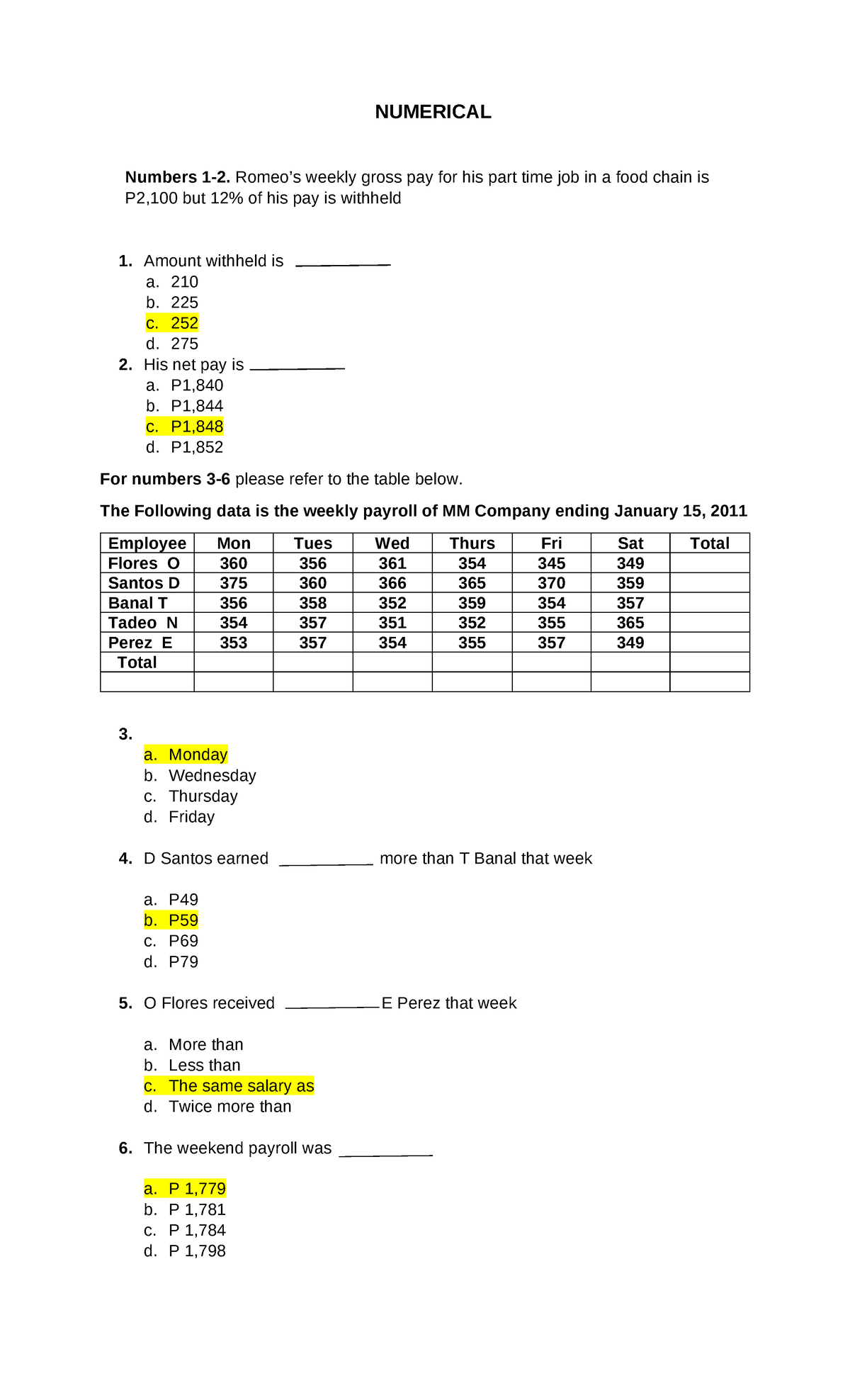 Afsat Numerical Quiz: Weekly Payroll and Calculations - Studocu