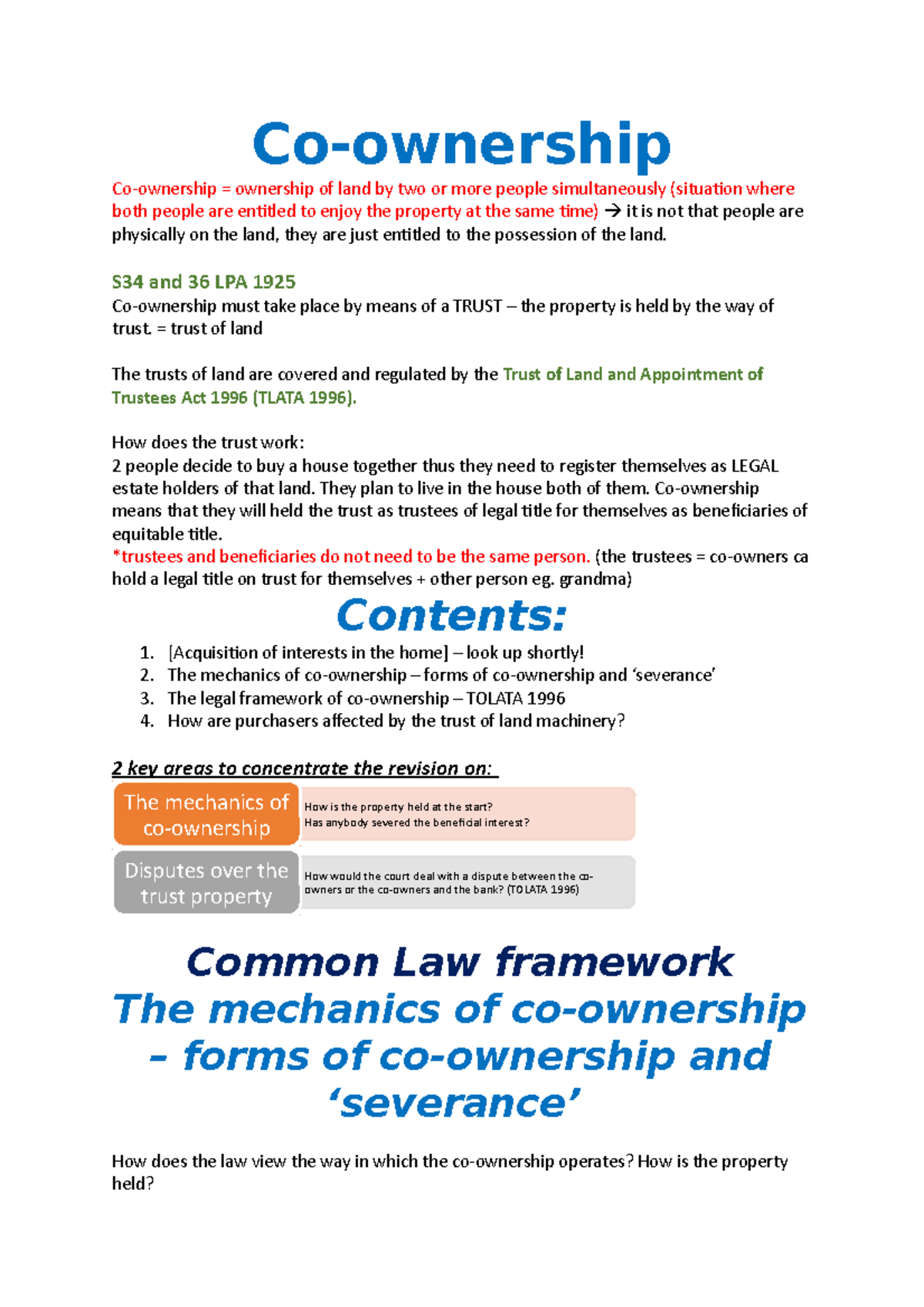Co-ownership notes - Co-ownership Co-ownership = ownership of land by ...