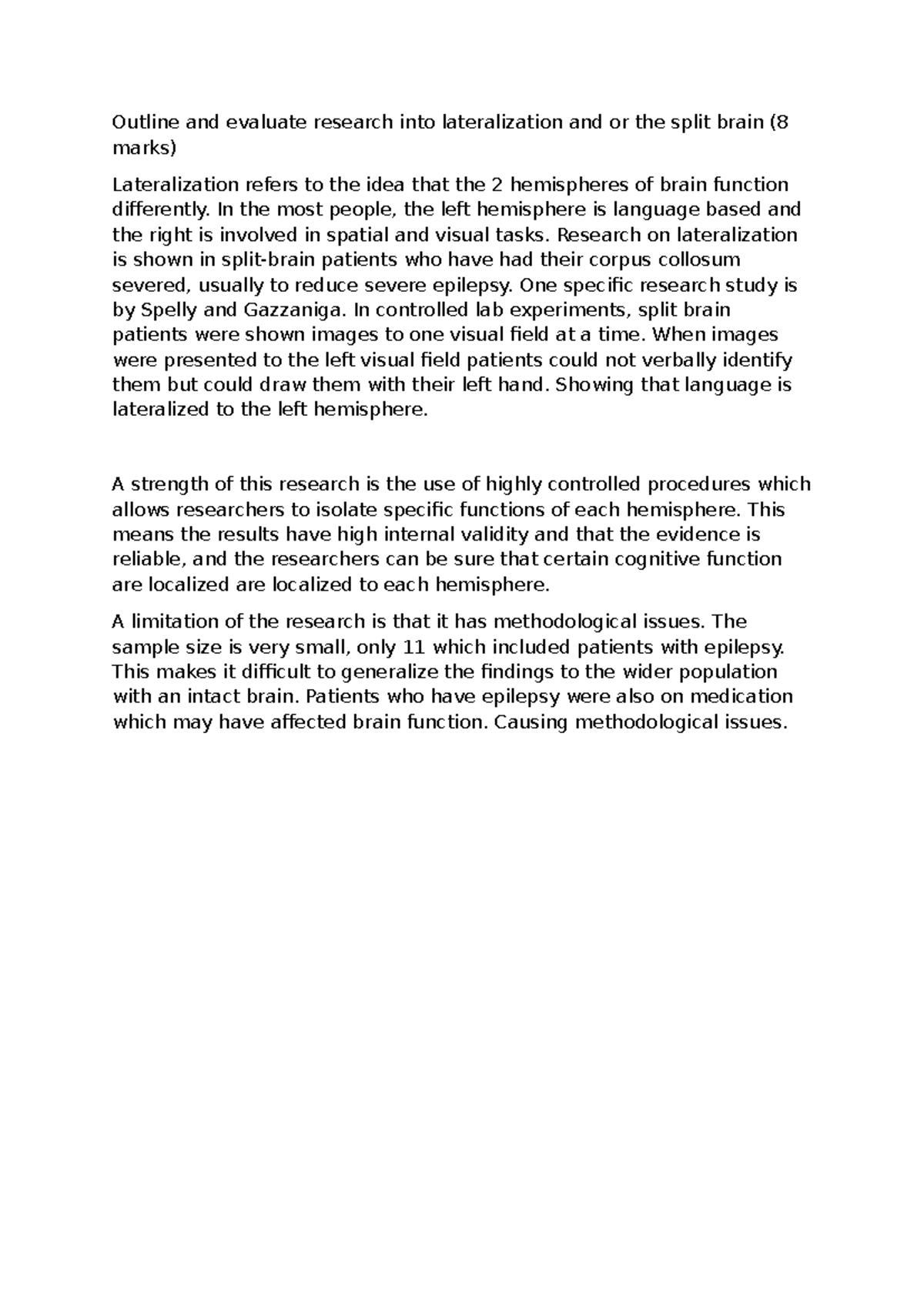 Outline and Evaluate Research on Lateralization & Split Brain (8 Marks ...