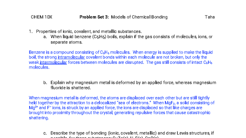 CHEM 10X Problem Set 3 Solutions: Chemical Bonding Models - Studocu