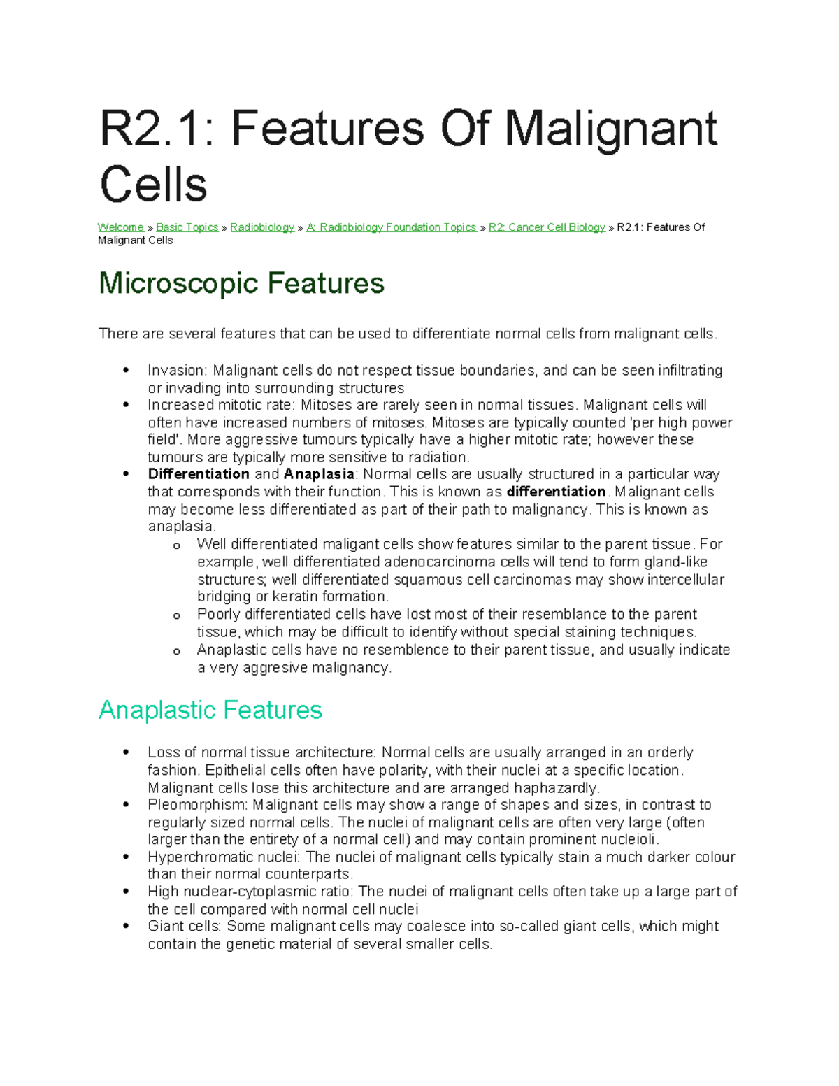 R2.1: Key Features of Malignant Cells in Radiobiology - Studocu