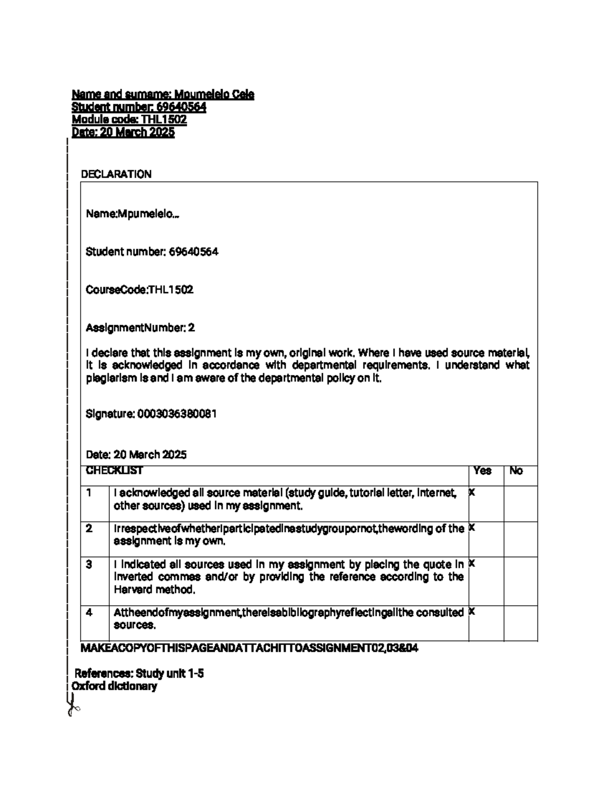 THL1502 Assignment 2 Declaration and Checklist - March 2025 - Studocu