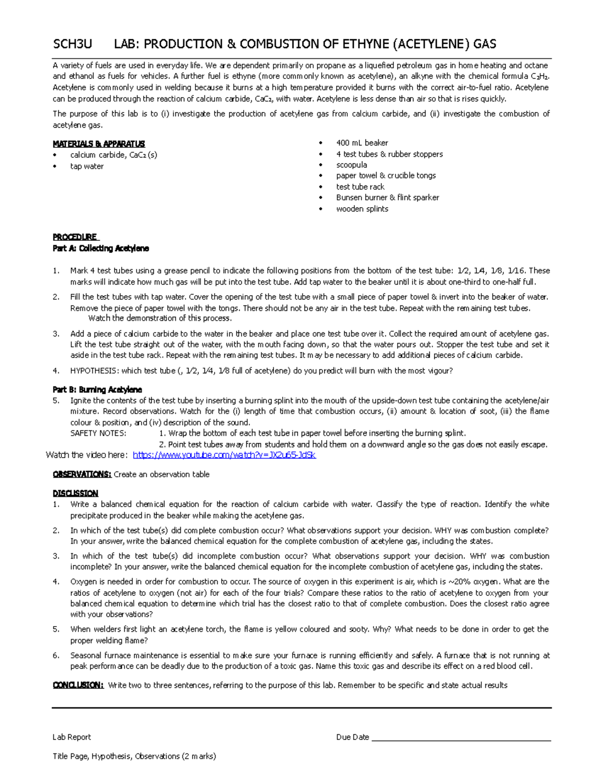 SCH3U Final Lab Report: Production & Combustion of Acetylene Gas - Studocu