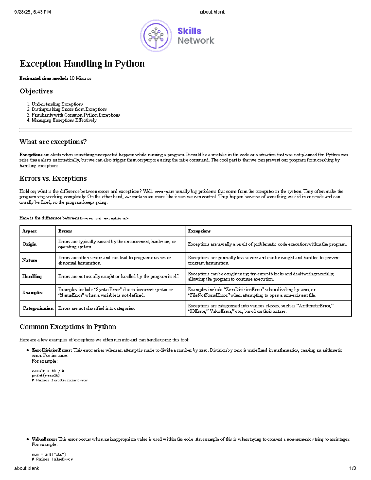 Exception Handling in Python: Understanding and Managing Errors - Studocu
