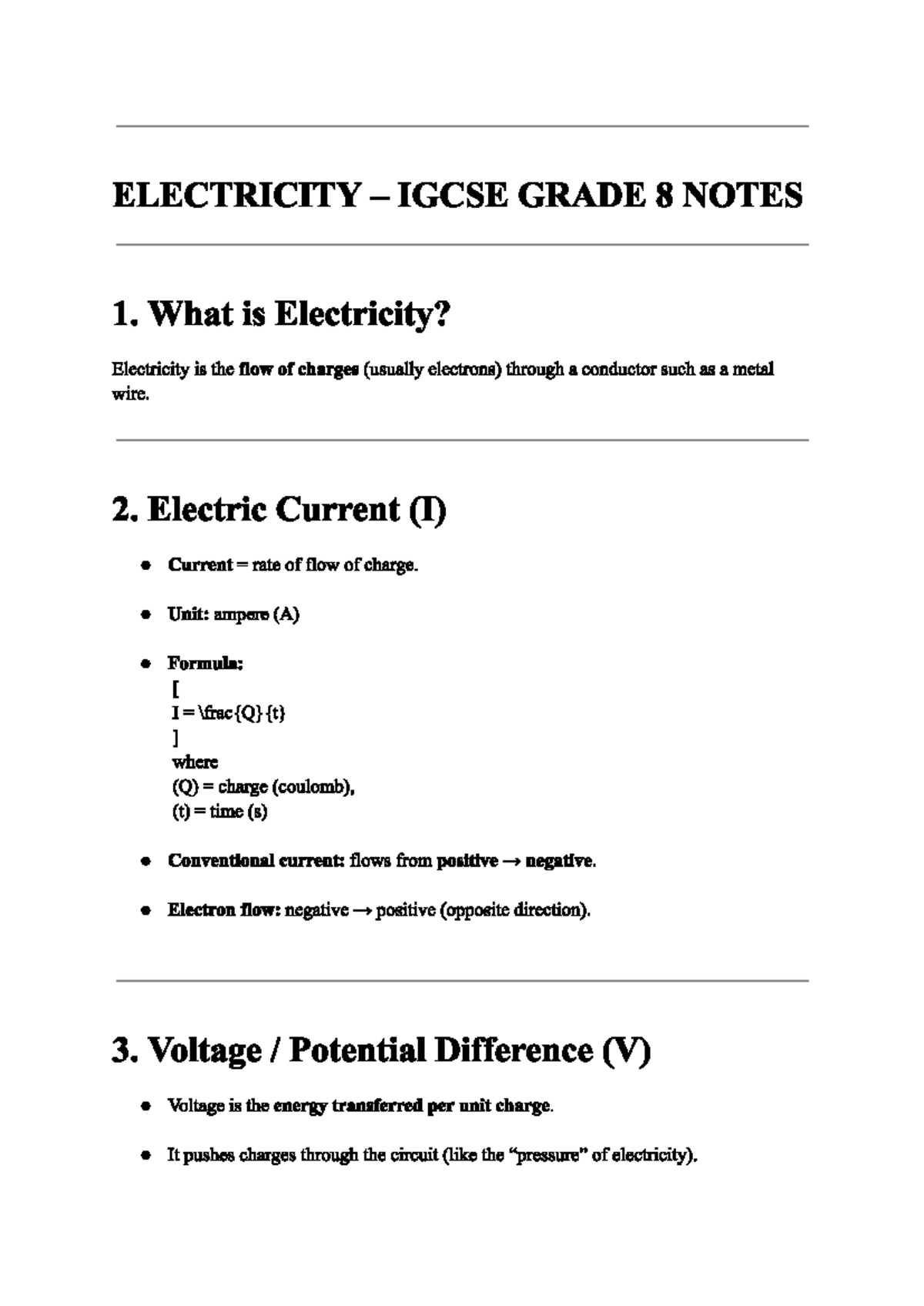 IGCSE Grade 8 Electricity Notes: Key Concepts & Calculations - Studocu