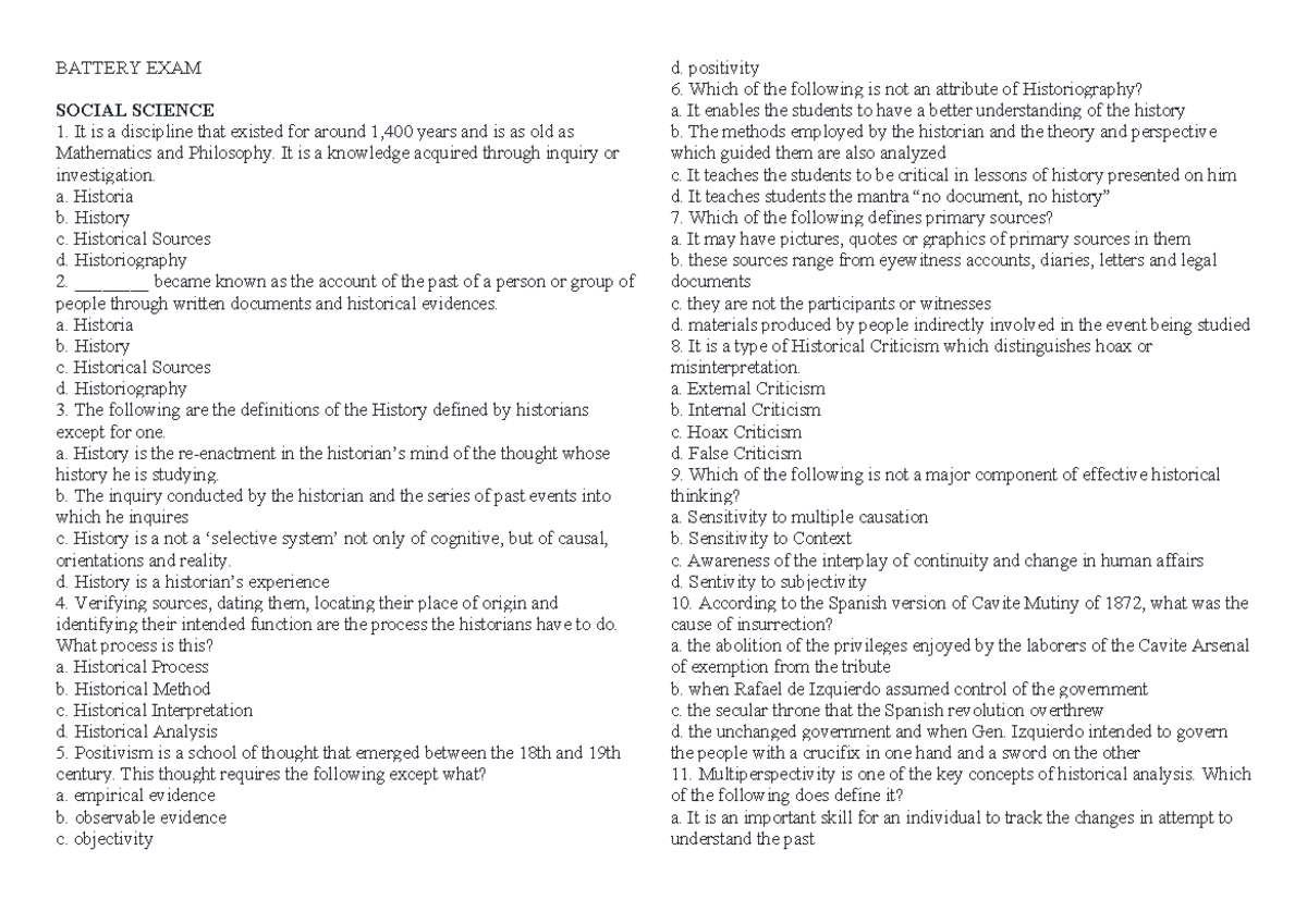 SOCIAL SCIENCE 1: BATTERY EXAM REVIEW NOTES - Studocu