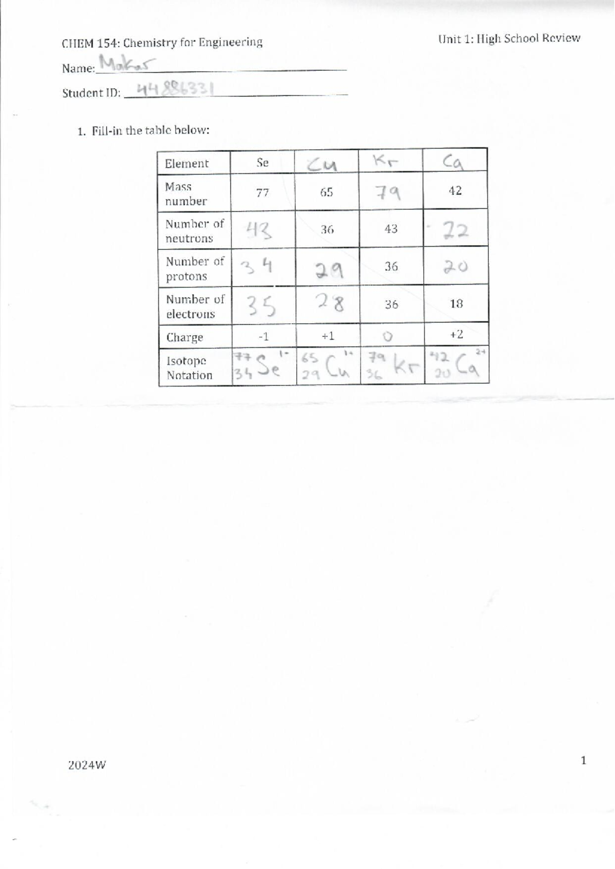 chem worksheet 1 - CHEM 154 - CHEM 154: Chemistry for Engineering Unit ...