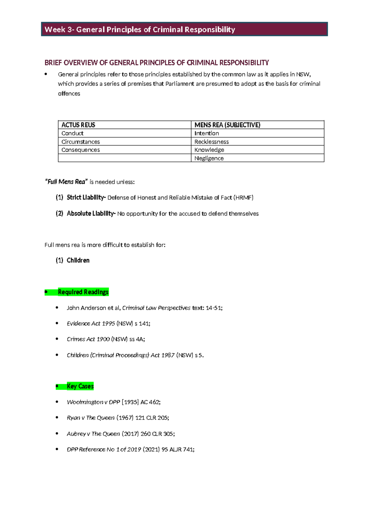 Wk 3 - Overview of General Principles of Criminal Responsibility - Studocu