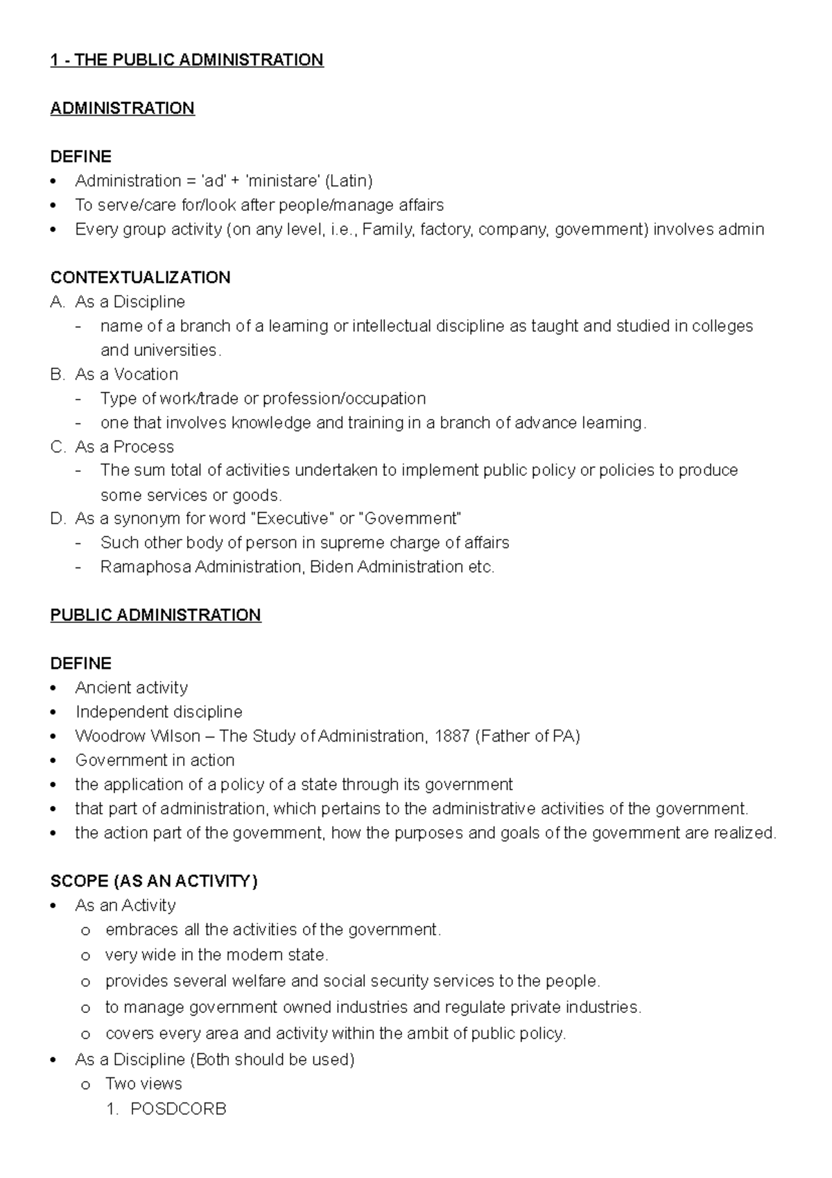 Unit 1 - Public Administration Introduction - 1 - THE PUBLIC ADMINISTRATION ADMINISTRATION ...