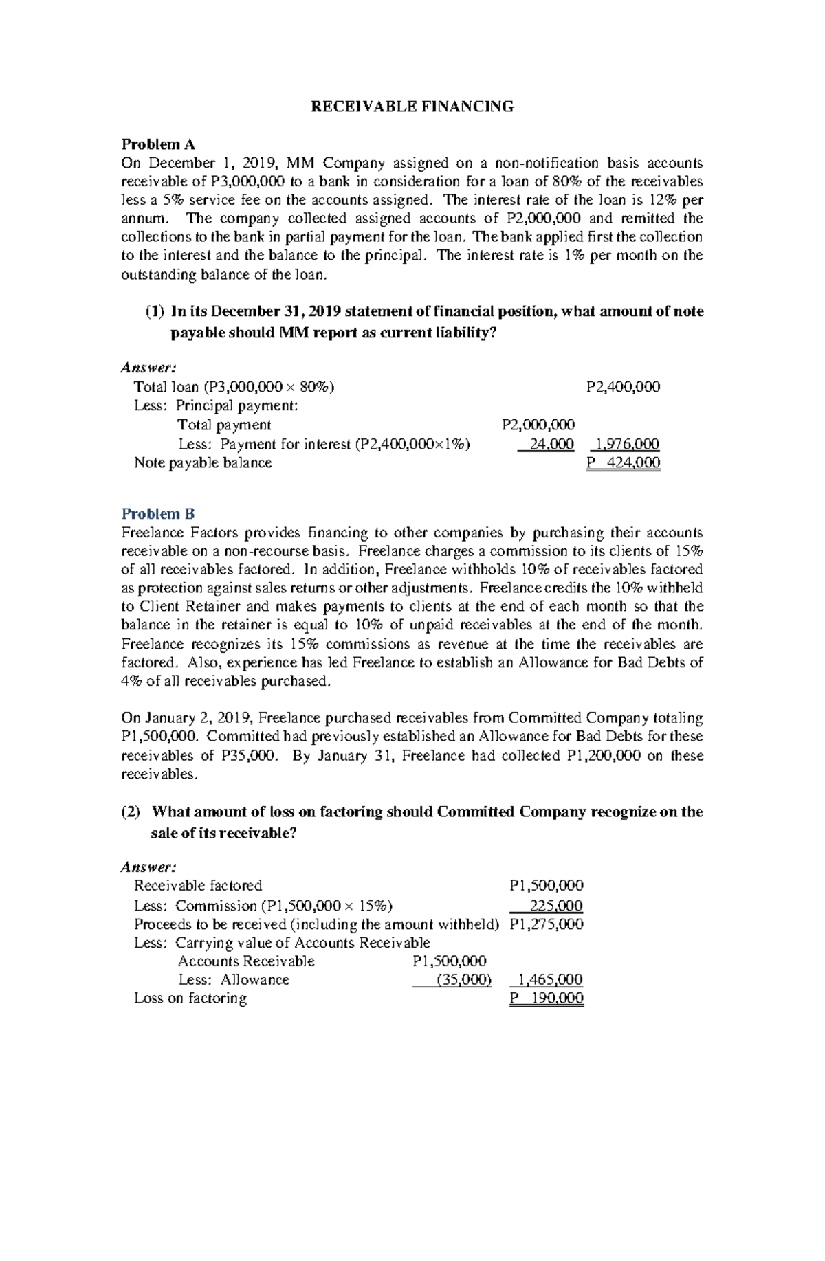 Receivable Financing Review Materials: Key Problems & Solutions - Studocu