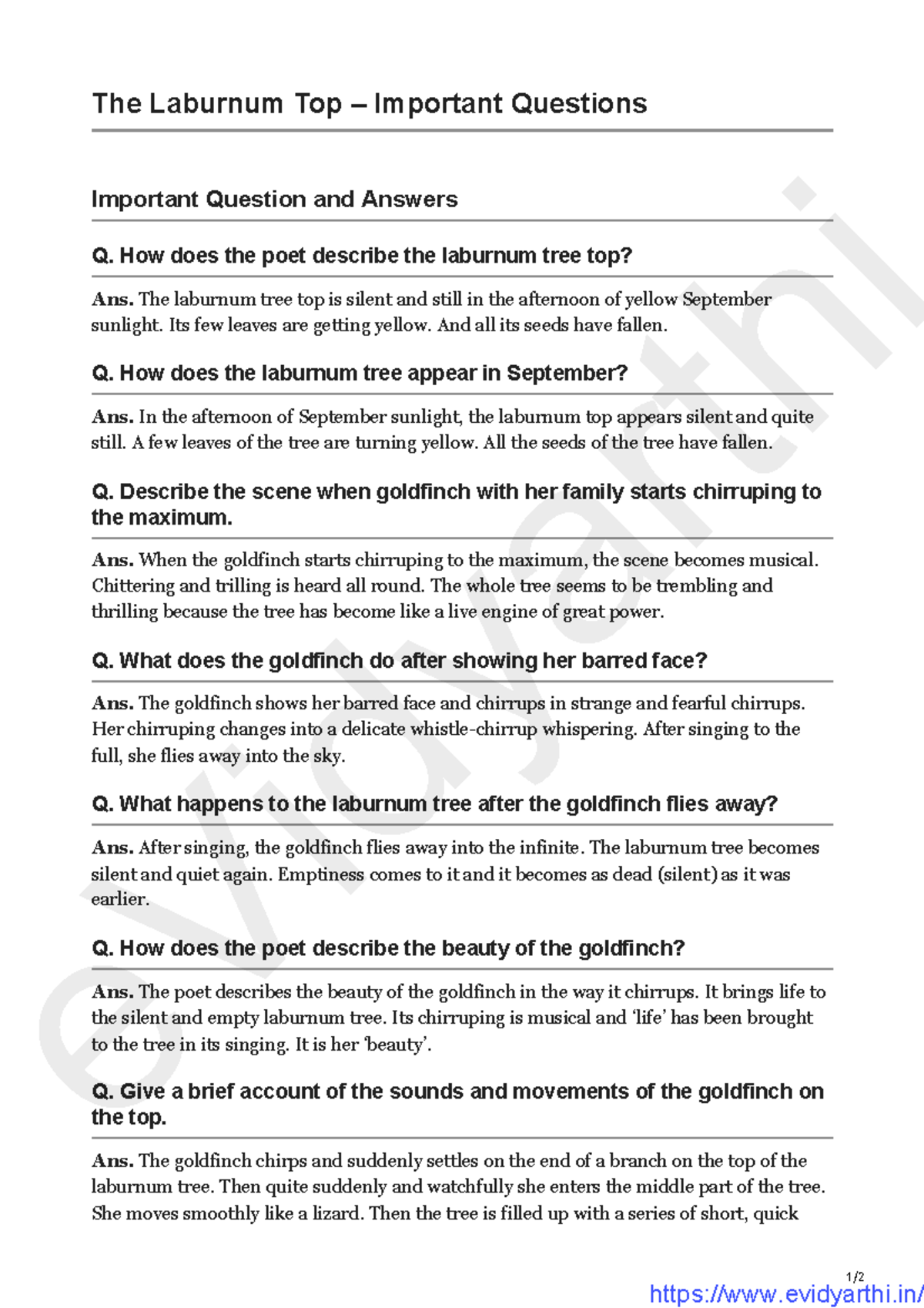 Class 11 English Poetry: Important Questions on "The Laburnum Top ...