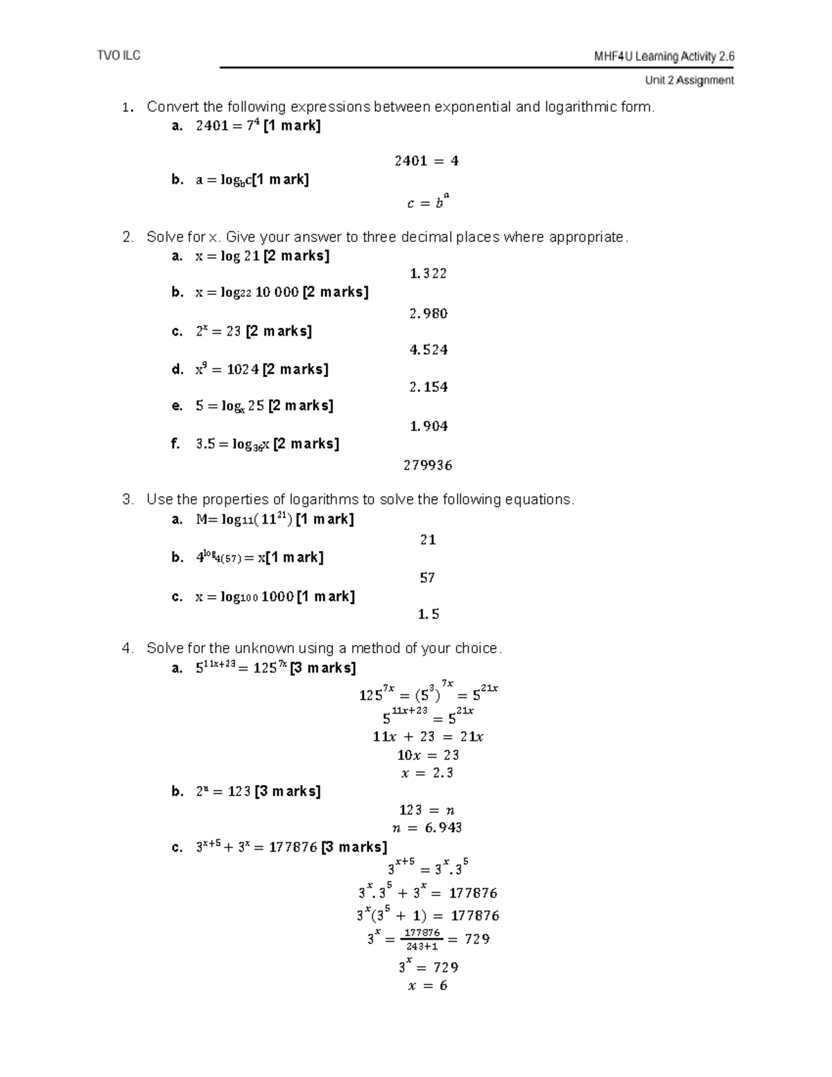 Logarithmic and Exponential Equations: Unit 2.6 Solutions - Studocu