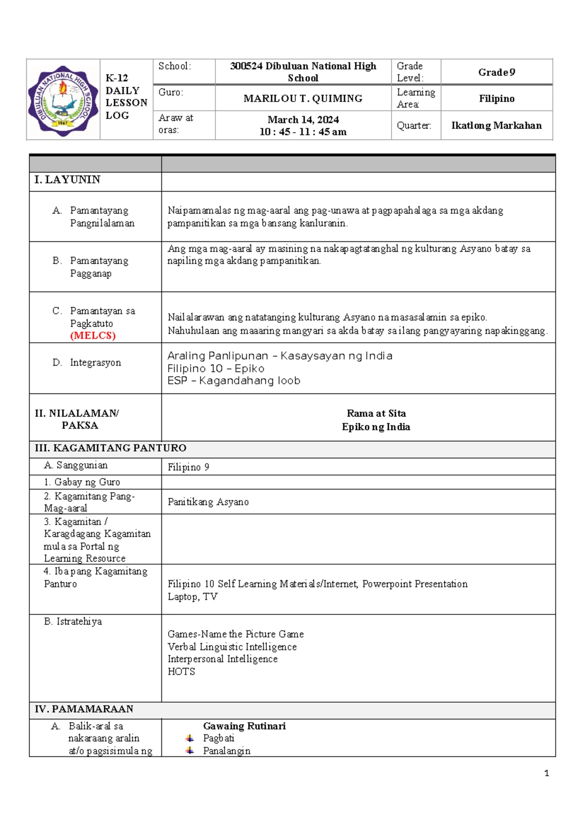 Filipino 10 Lesson Log on El Fili: Si Juli (Kabanata 30) - Studocu