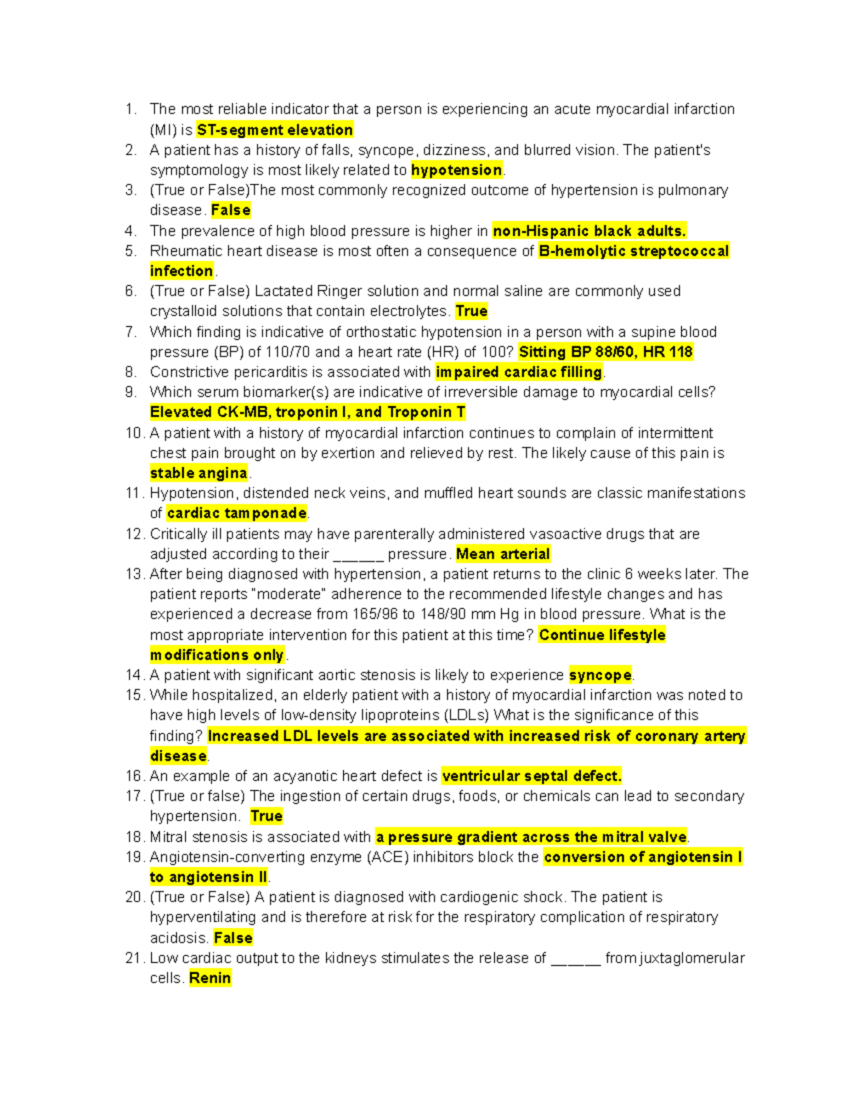 Cardiovascular Pathophysiology Quiz Questions - Studocu