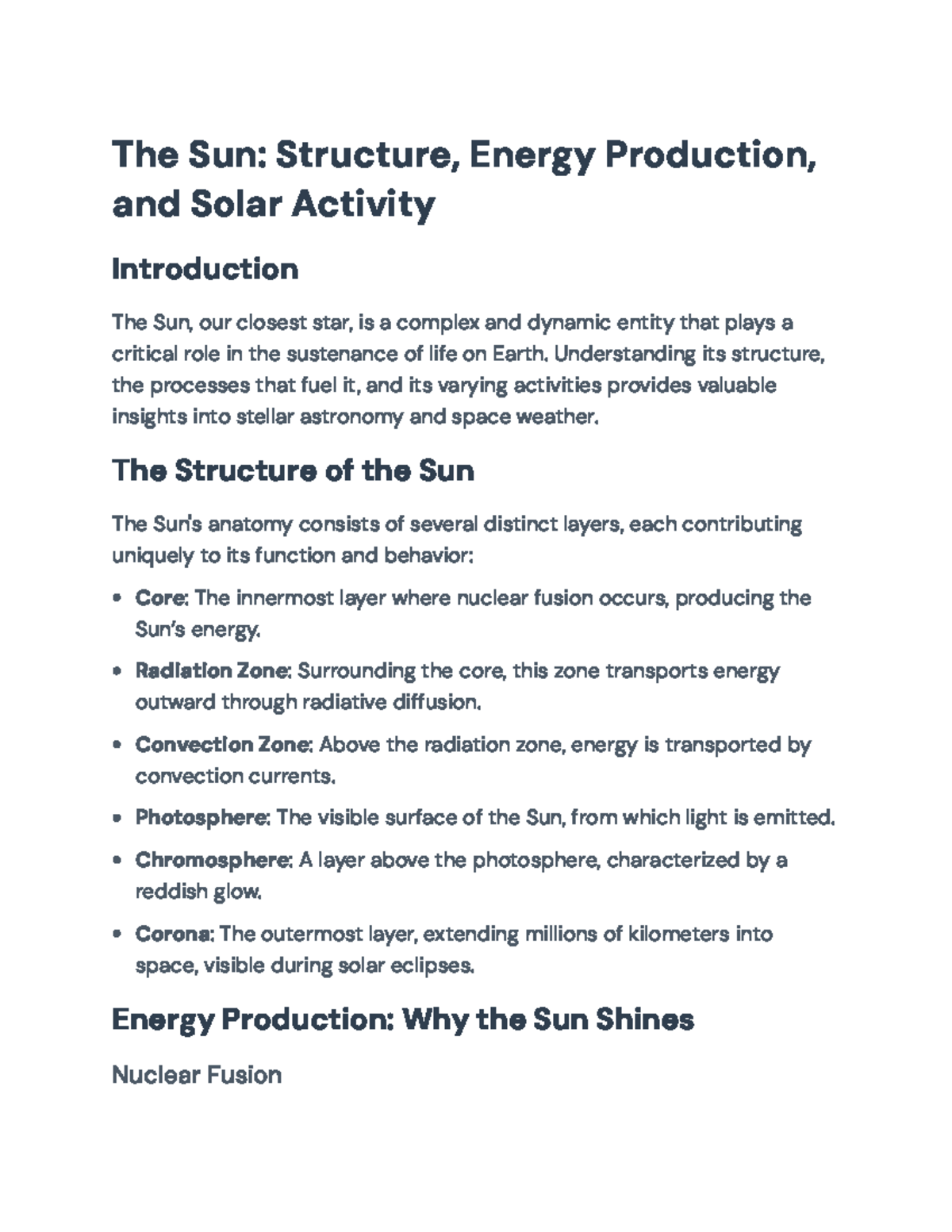 Understanding the Sun: Structure, Energy Production, and Activity - The ...