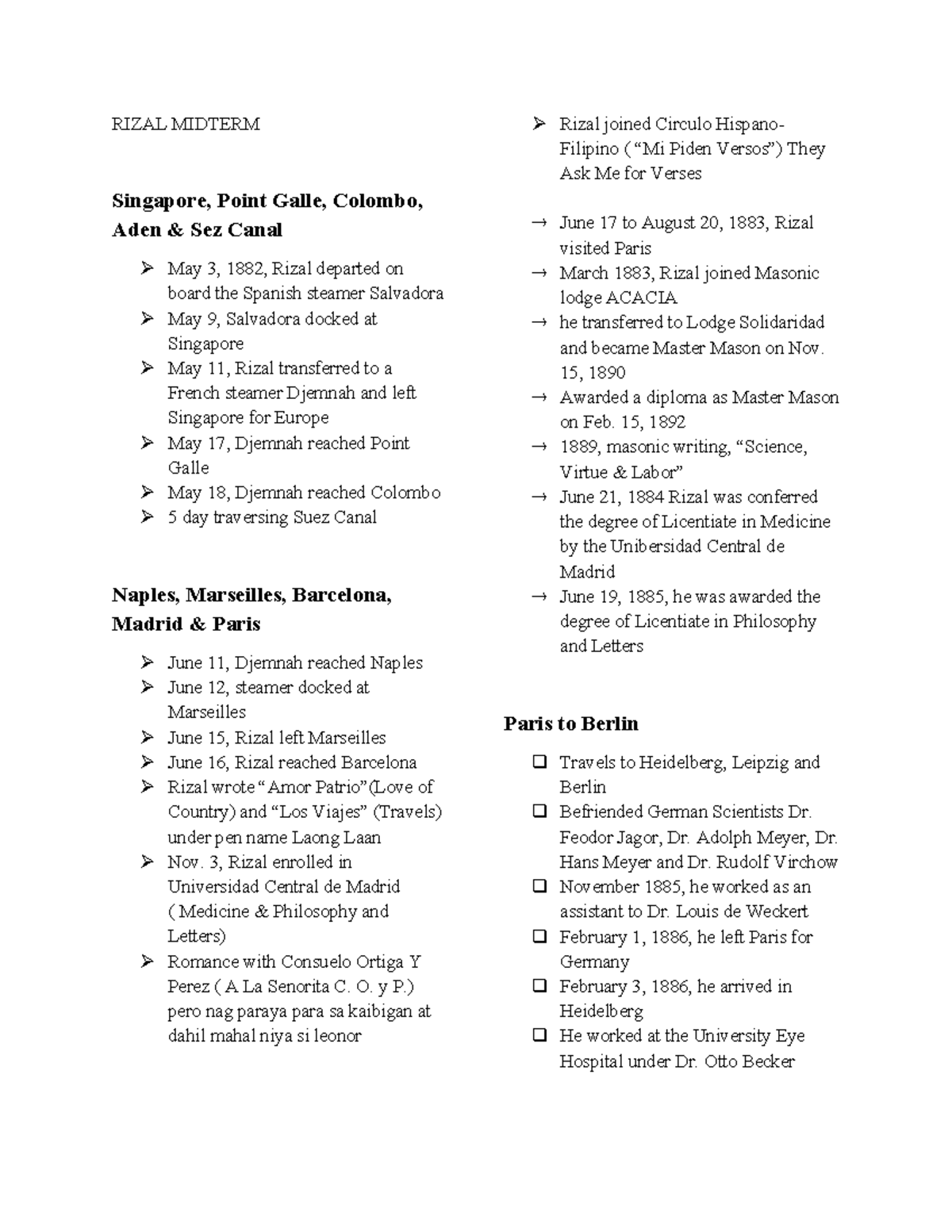 RIZAL MIDTERM: Key Events in Rizal's Life and Travels (1882-1892) - Studocu