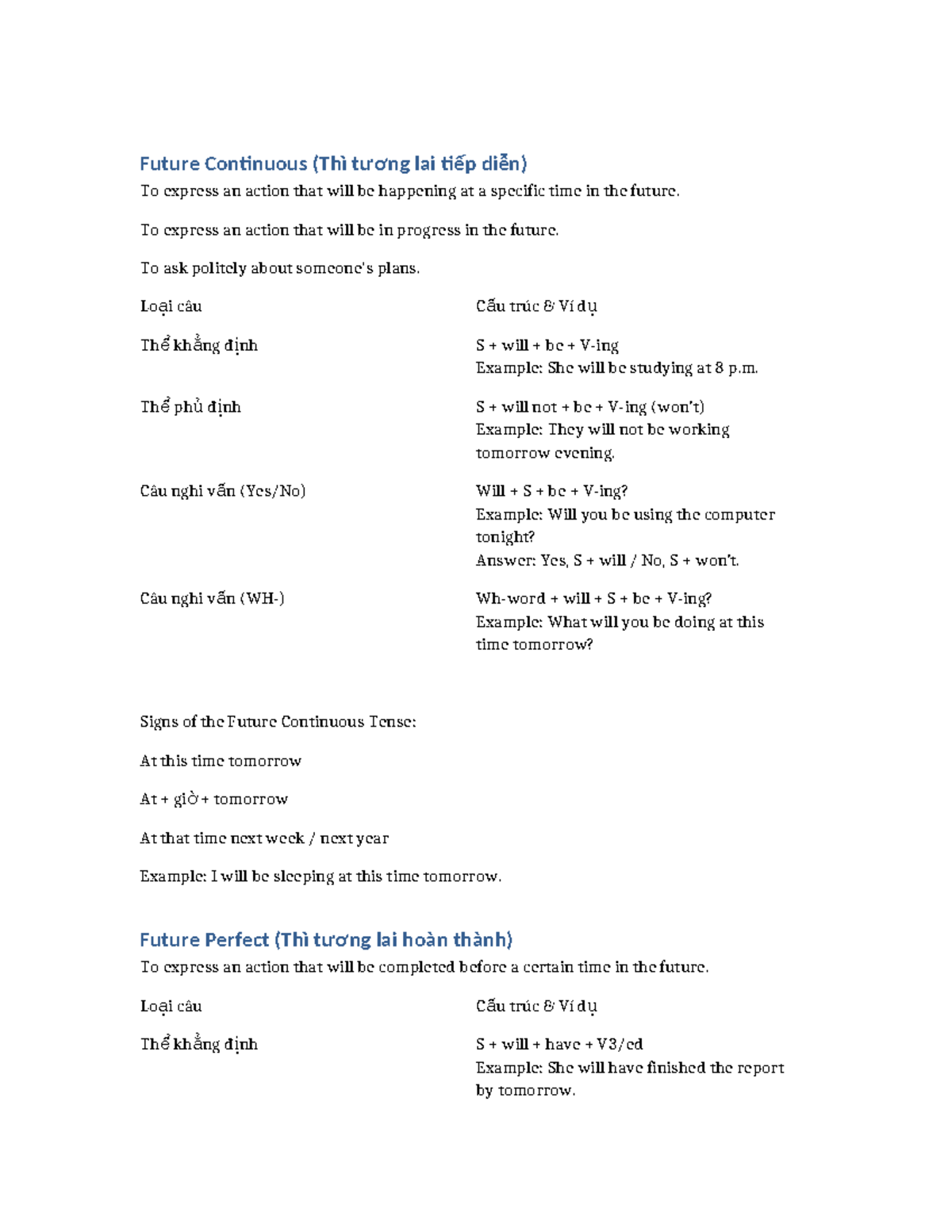 Future Tenses Overview (Thì tương lai) - Grammar Guide - Studocu